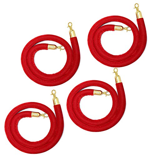 Red Velvet Stanchion Rope Barrier Golden Hook- Set of 4 PCs for Red Carpet Filmroom Wedding (5 Feet Long) Bulk