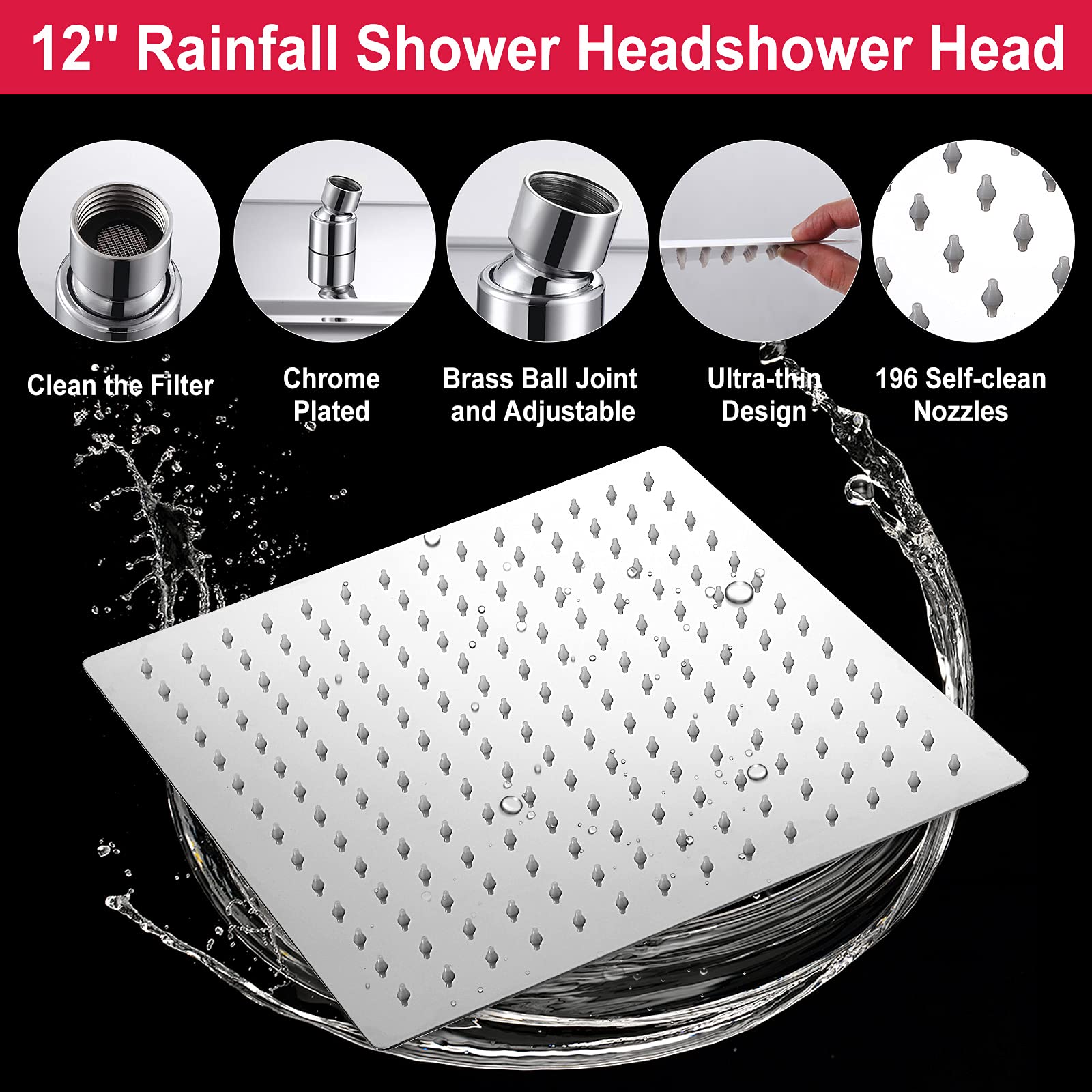 Shower Head, NERDON 12'' High Pressure Rainfall Shower Head Handheld Combo 5 Settings with 15'' Brass Height/Angle Adjustable Extension Arm 60" Hose, Stainless Steel Bath Rain Showerhead with 4 Hooks
