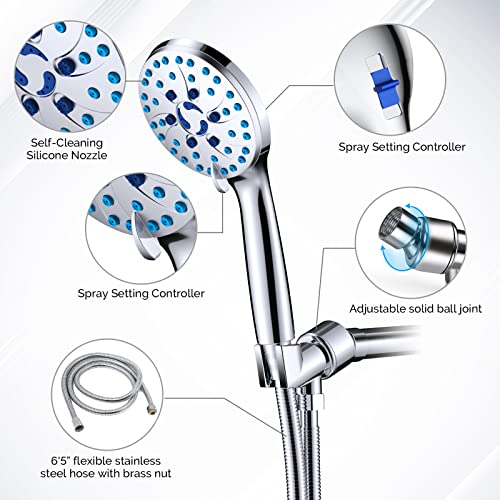 Shower Heads High Pressure with Spray, DOTTE Handheld Shower Head with Hose, Showerhead Built-in Power Wash to Clean Tub, Tile & Pets, Extra Long 6‘5” Stainless Steel Hose, Wall & Overhead Brackets