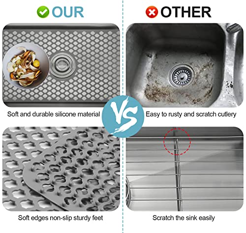 Silicone Sink Protectors for Kitchen - UFU Grey Silicone Sink Mat Grid Accessory with Center Drain, Kitchen Sink Protector(24.8"x 12.9")