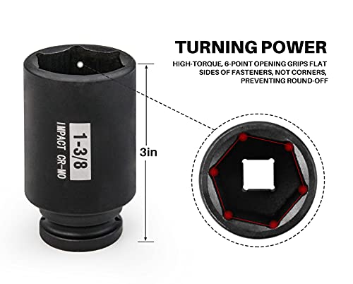 SEKETMAN 7Pcs 1/2" Drive Deep 6-Point Impact Socket Set/Spindle Nut Impact Socket Set, Inch, Cr-Mo,1-3/8-Inch - 1-3/4-Inch