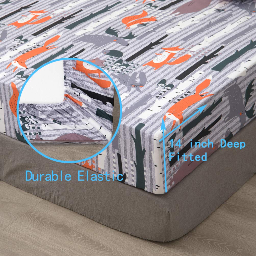 JSD Kids Printed Sheets Set Twin, Cute Forest Animals Fox Soft Microfiber Bed Sheets for Boys Girls, 3 Pieces