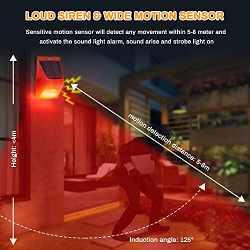 LINGSFIRE Solar Alarm, Solar Alarm Light with Motion Sensor, 129 Decibels Siren Sound Alert and 8 LEDs Flash Warning of Alarm Sensor Strobe Security Alarm System for Farm Home Outdoor Yard