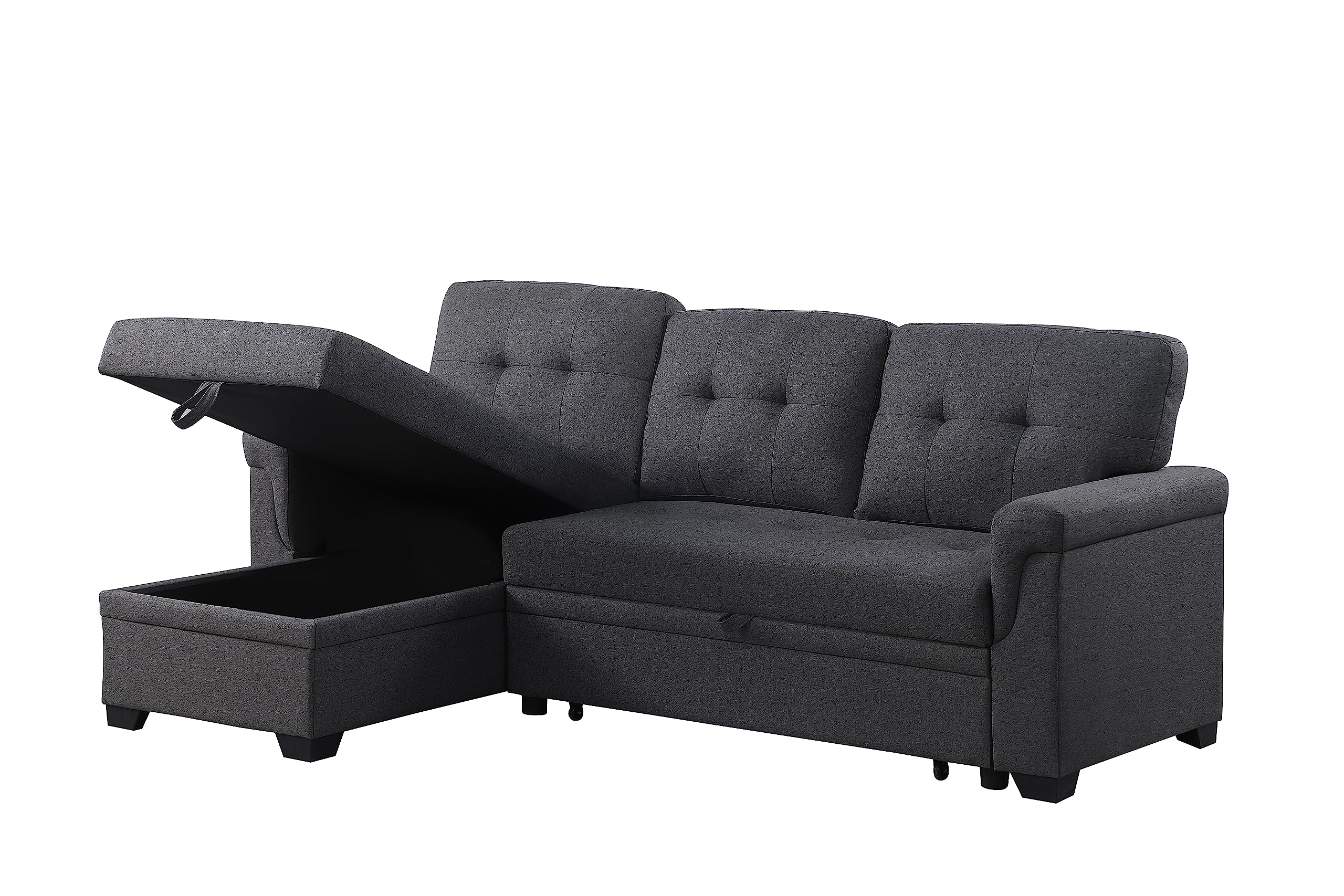 L-Shape Convertible Sleeper Sectional Sofa with Storage Chaise and Pull-Out Bed, Linen Upholstered Reversible Corner 3 Person Couch, for Living Room, Apartment, 84, Dark Gray-4