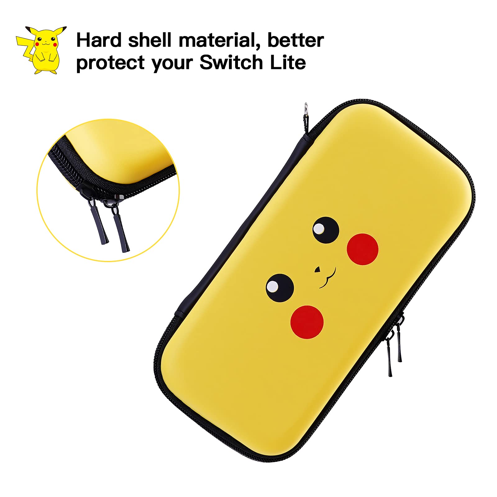 JINGDU Carrying Case Compatible with Nintendo Switch Lite, The Cute Yellow Storage Bag Accessories with 10 Game Card Slots is Convenient for Travel, Include Screen Protector & Hand Strap, Pikachu