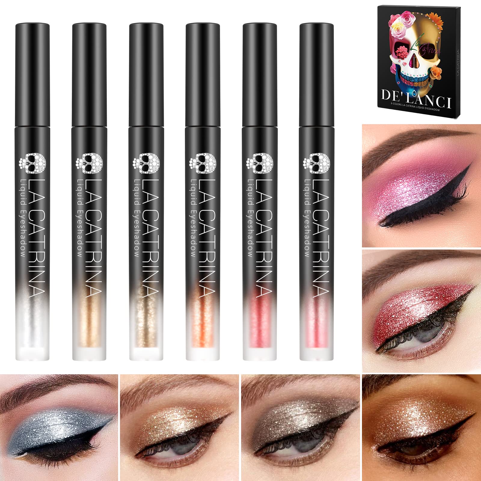La Catrina DE'LANCI Liquid Glitter Eyeshadow,6 Colors Glitter Eyeshadow Liquid Set, Metallic High Pigmented Cosmetics Liquid Sparkle Eyeshadow Liquid Eye Makeup Christmas