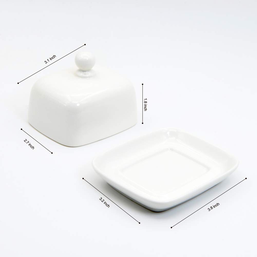 NAGU Small Rectangle Butter Dish with Lid, White Procelain Domed Cheese Dish with Handle Individual Serving Mini Butter Tray, Cute Ceramic Dessert Serving Bowl for Table, Countertop, Refrigerator