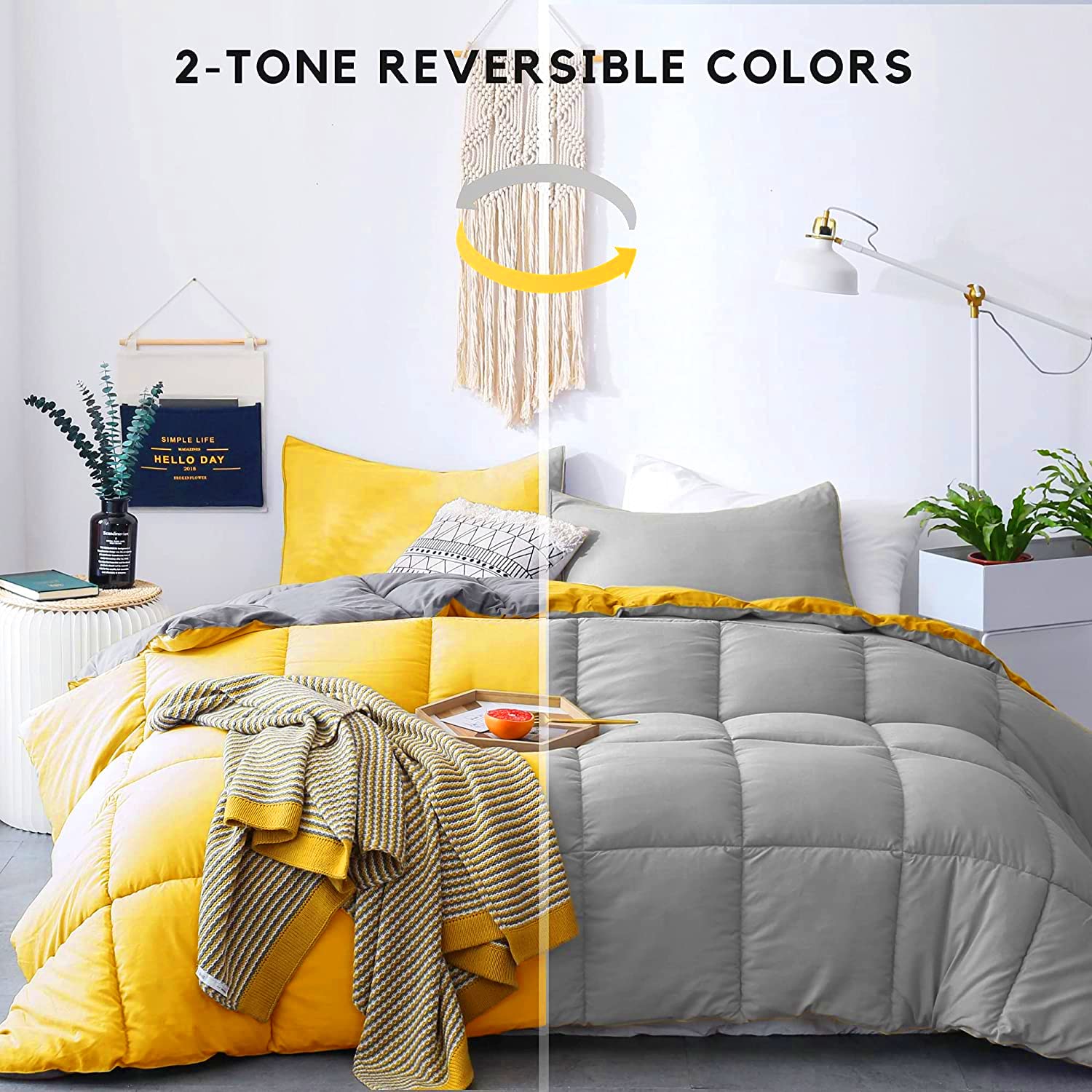 KASENTEX Dual-Sided Yellow and Grey Comforter Set, 2 Pieces Lightweight Teen Solid Bedding Set & Collections, All Season Fluffy Bed Set (68x88in Comforter & 1 Pillowcase)