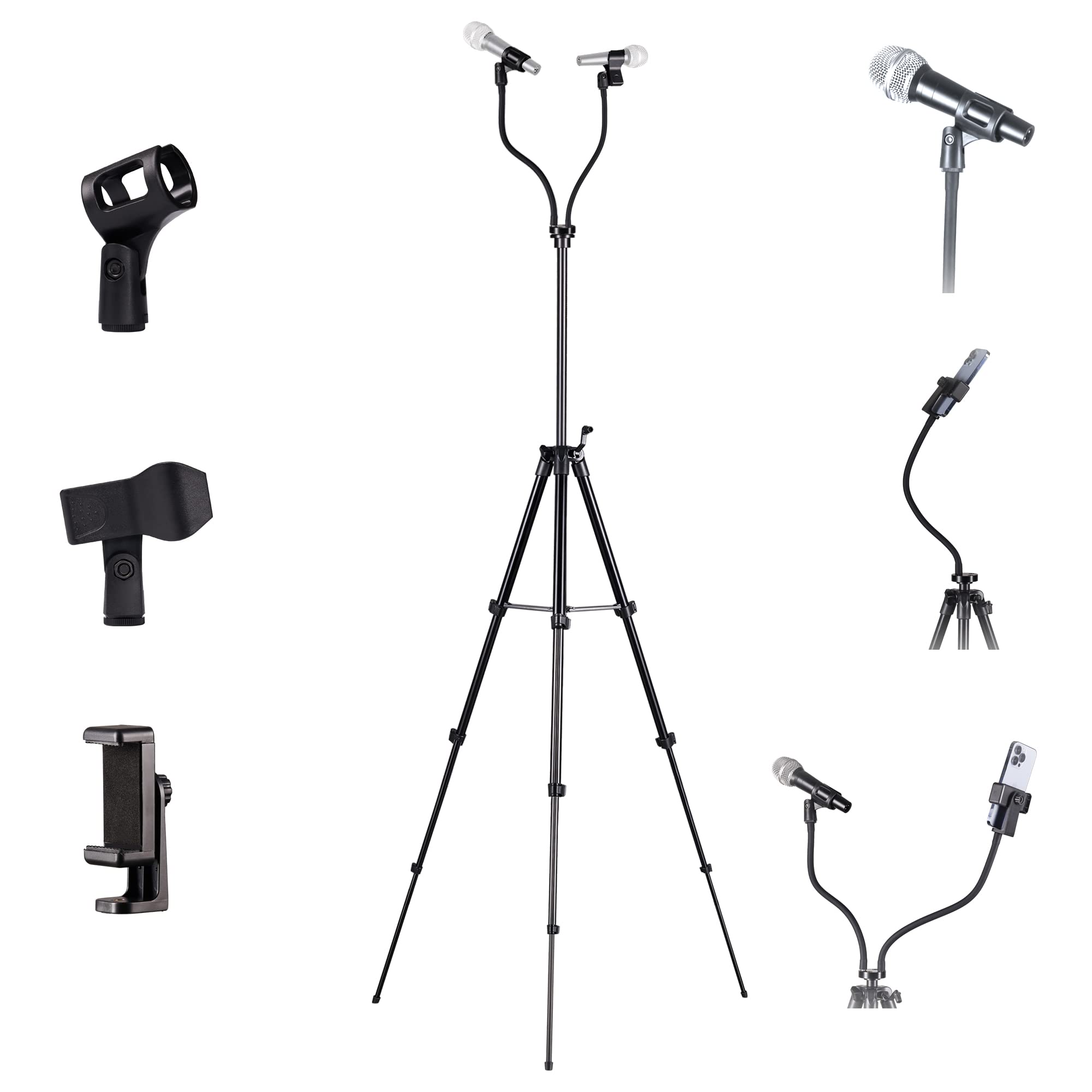 Kereal Microphone Stand Tripod Double Gooseneck for Most Mic, Portable Multifunction Mic Floor stand Adjustable Height 15” to 69” with Two Mic Clip and Phone Holder for Singing, Studio, Karaoke,DJ