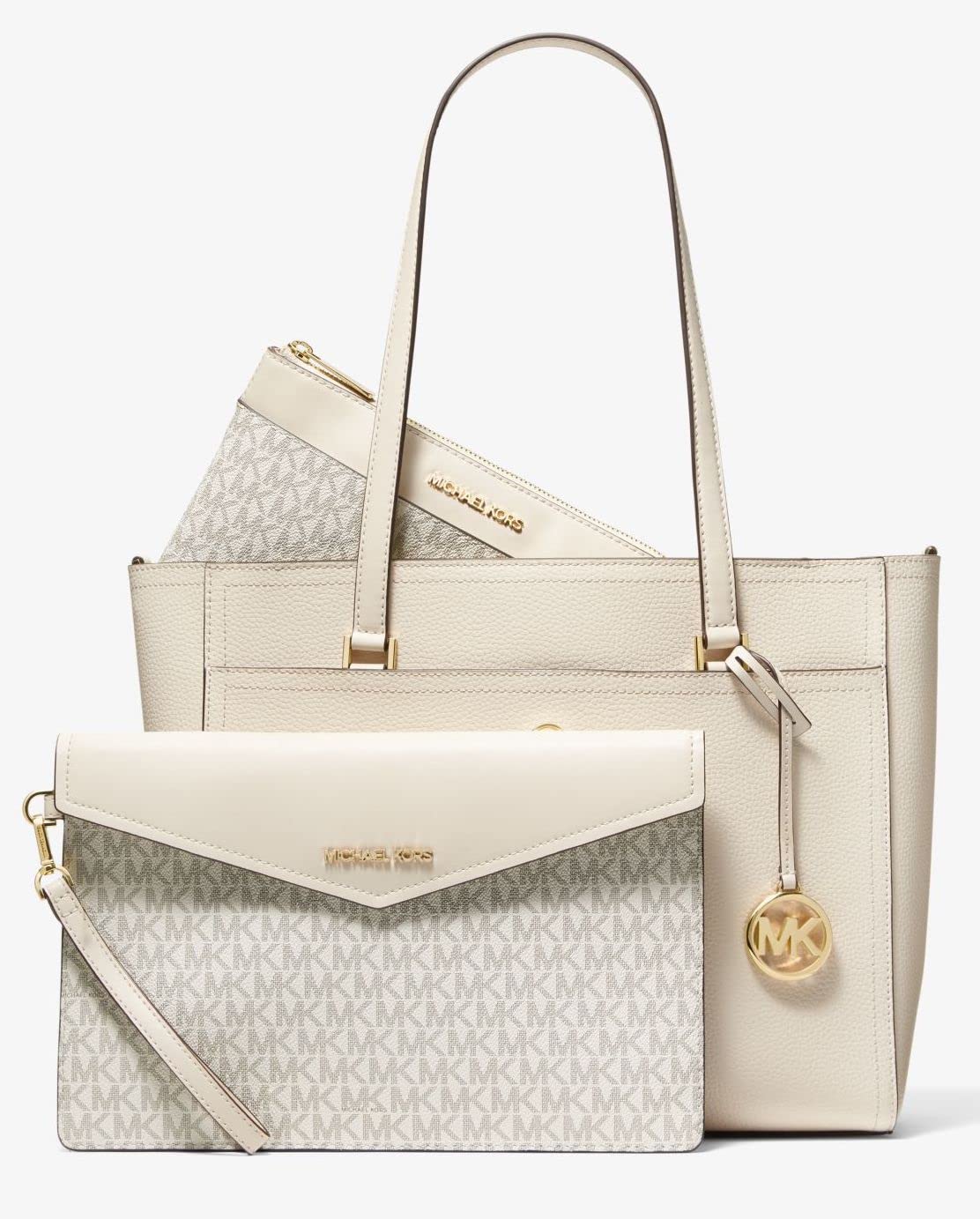 Michael Kors Maisie Large Pebbled Leather 3-IN-1 Tote Bag bundled Purse Hook (Lt Cream)
