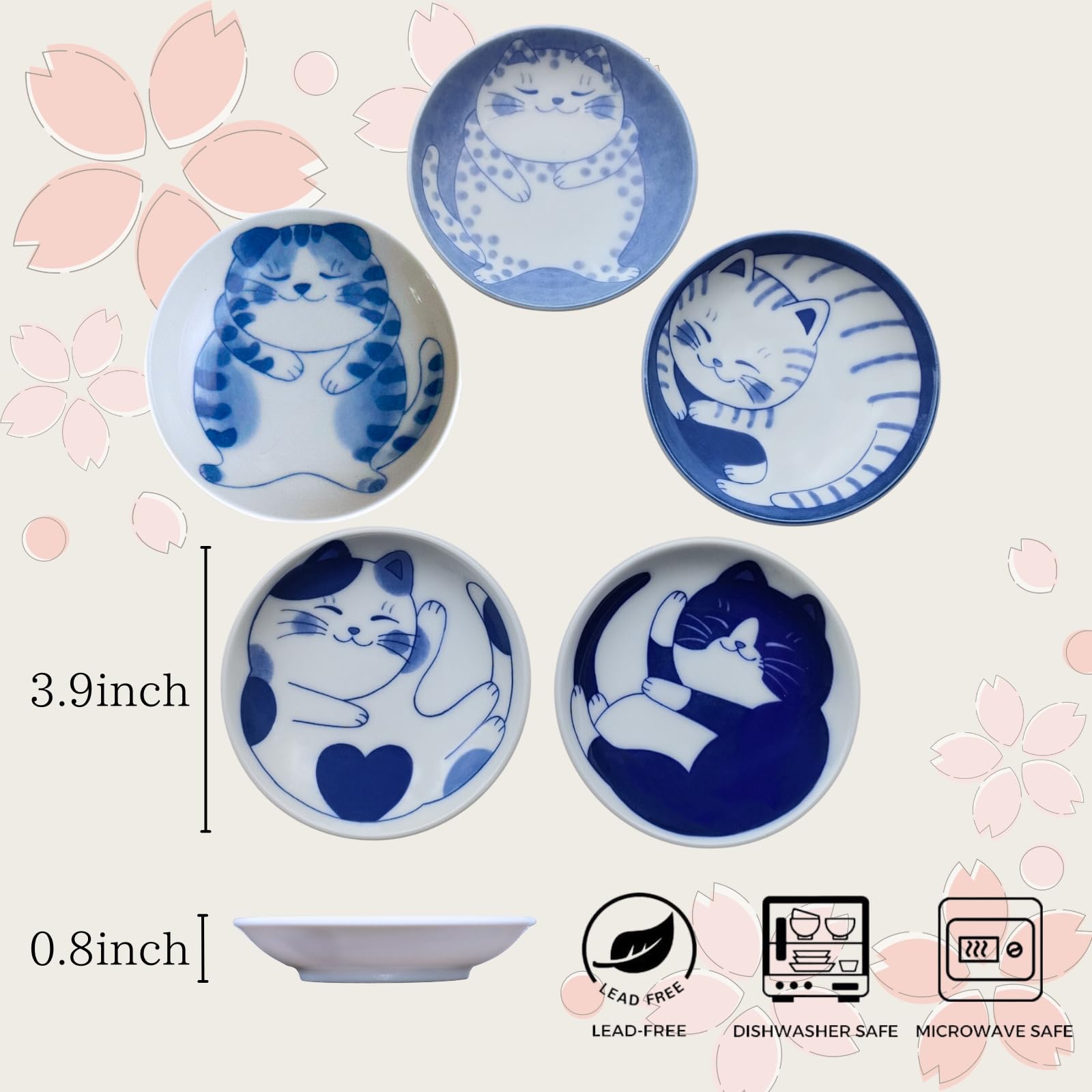 LOVE LOVE JAPAN: 5 Piece Set of Microwave & Dishwasher Safe Cat Design Small Plates - Perfect for Sushi & Desserts, Set of 5, Sprawled Cat