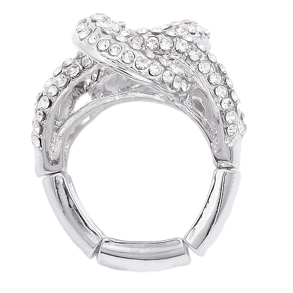 Lavencious 2 Circles Linked Design with Crystals Stretch Rings Statement Rings Free Size for Women (Silver)