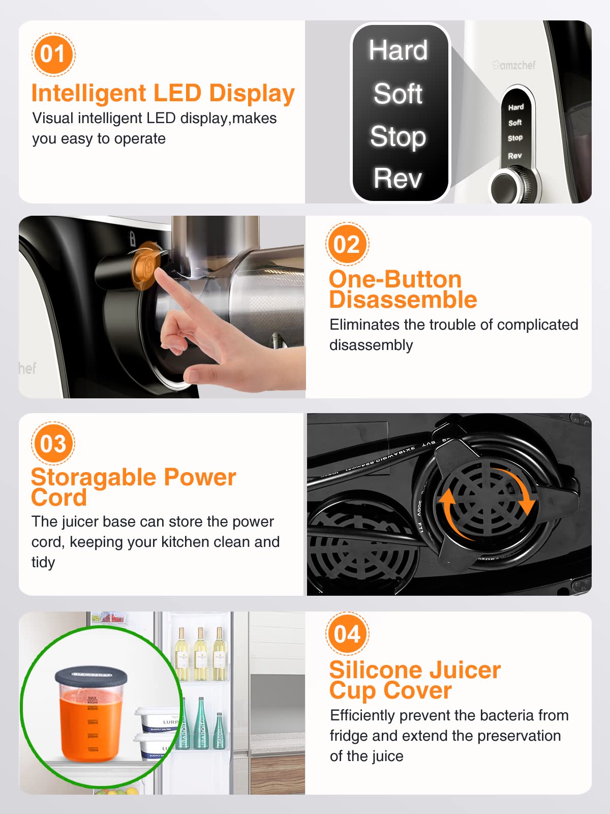 Juicer Machines, AMZCHEF Slow Cold Press Juicer with 2 Speed Modes, Travel bottles(500ML), LED display, Easy to Clean Brush & Quiet Motor for Vegetables & Fruits, Beige