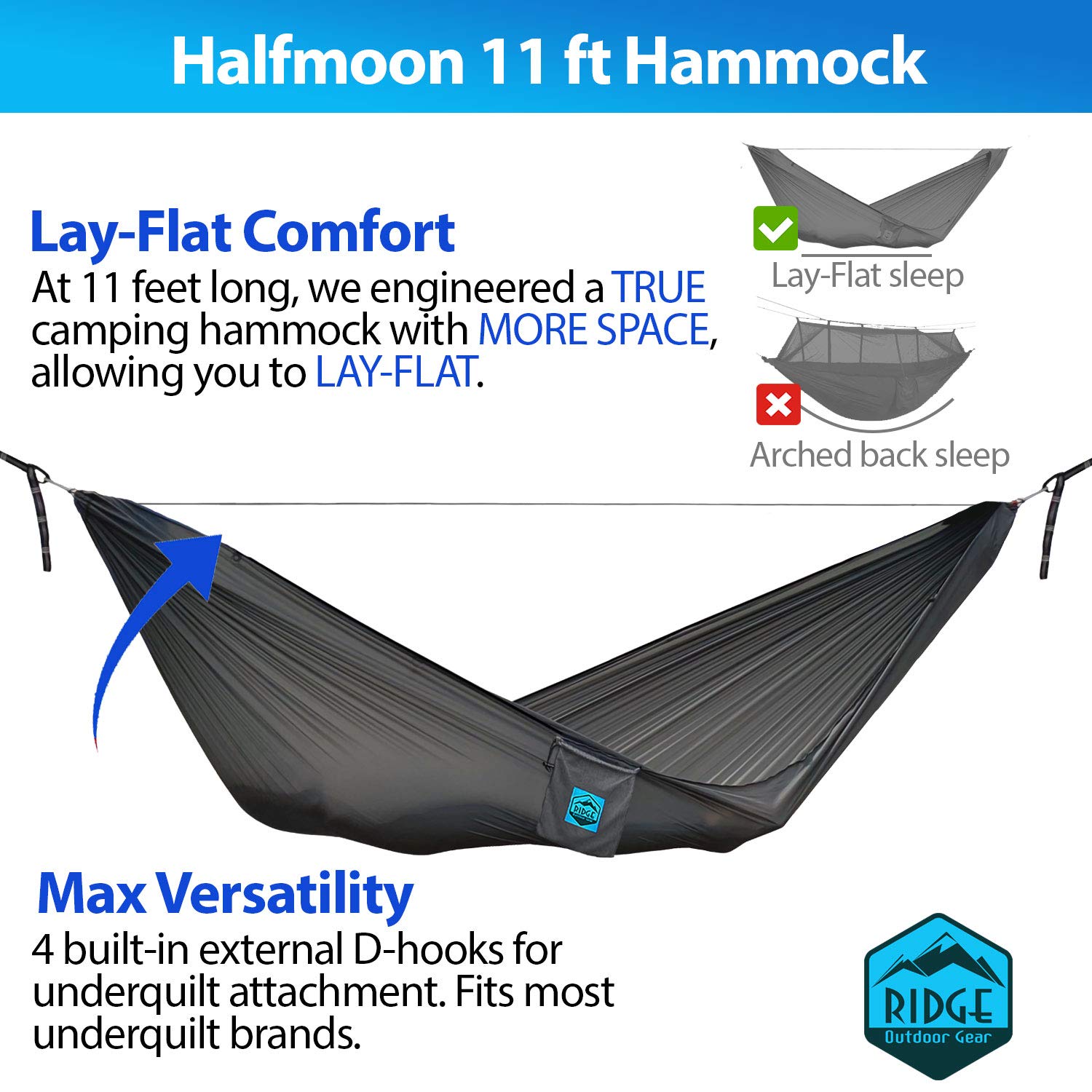 Lay-Flat Halfmoon 11 ft Hammock with Structural Ridgeline for Camping Sleeping Ultralight for Backpacking Hiking