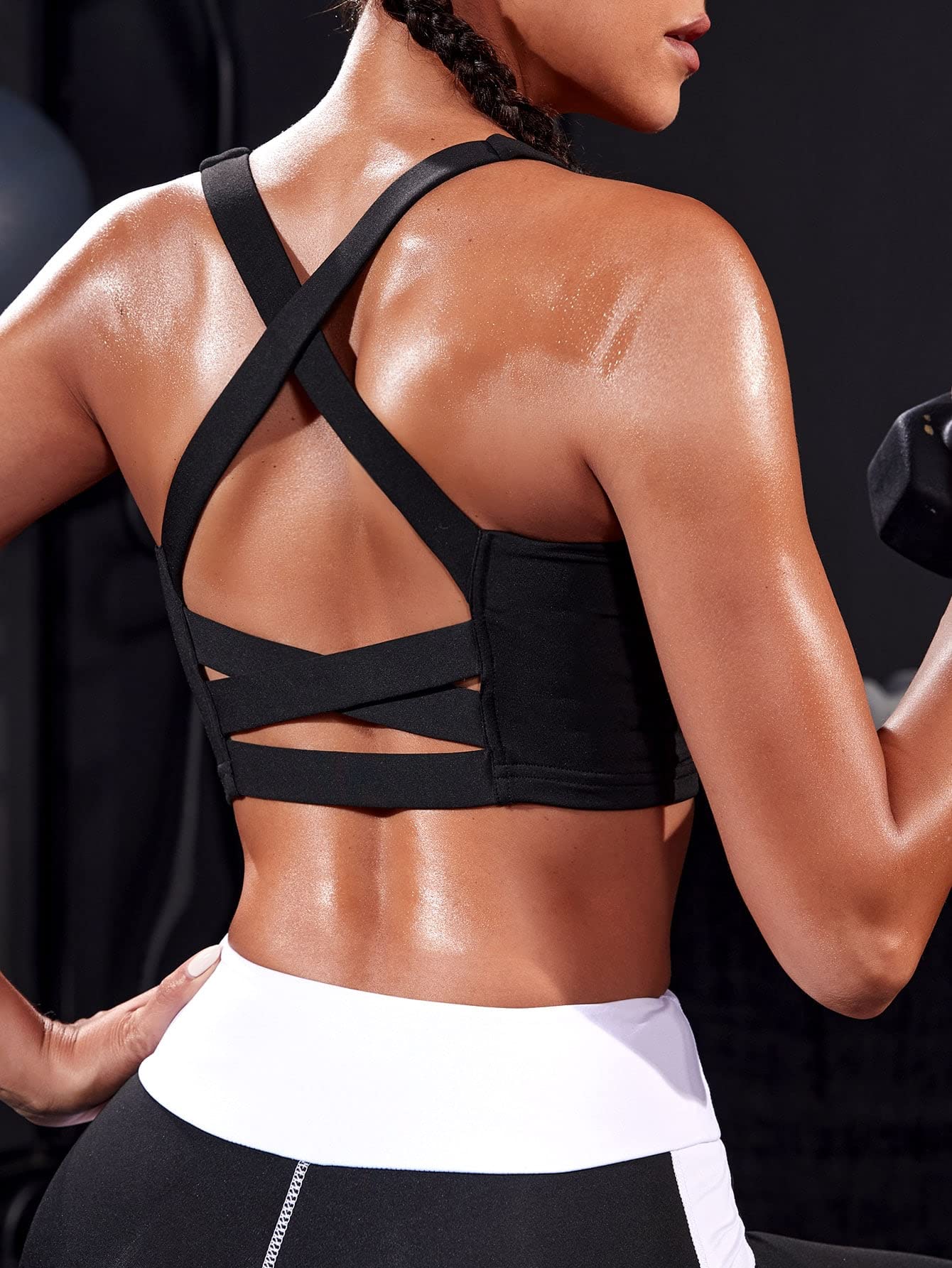 Milumia Women's Zip Up Square Neck Sports Bra Crisscross Back Workout Yoga Bra Black Small