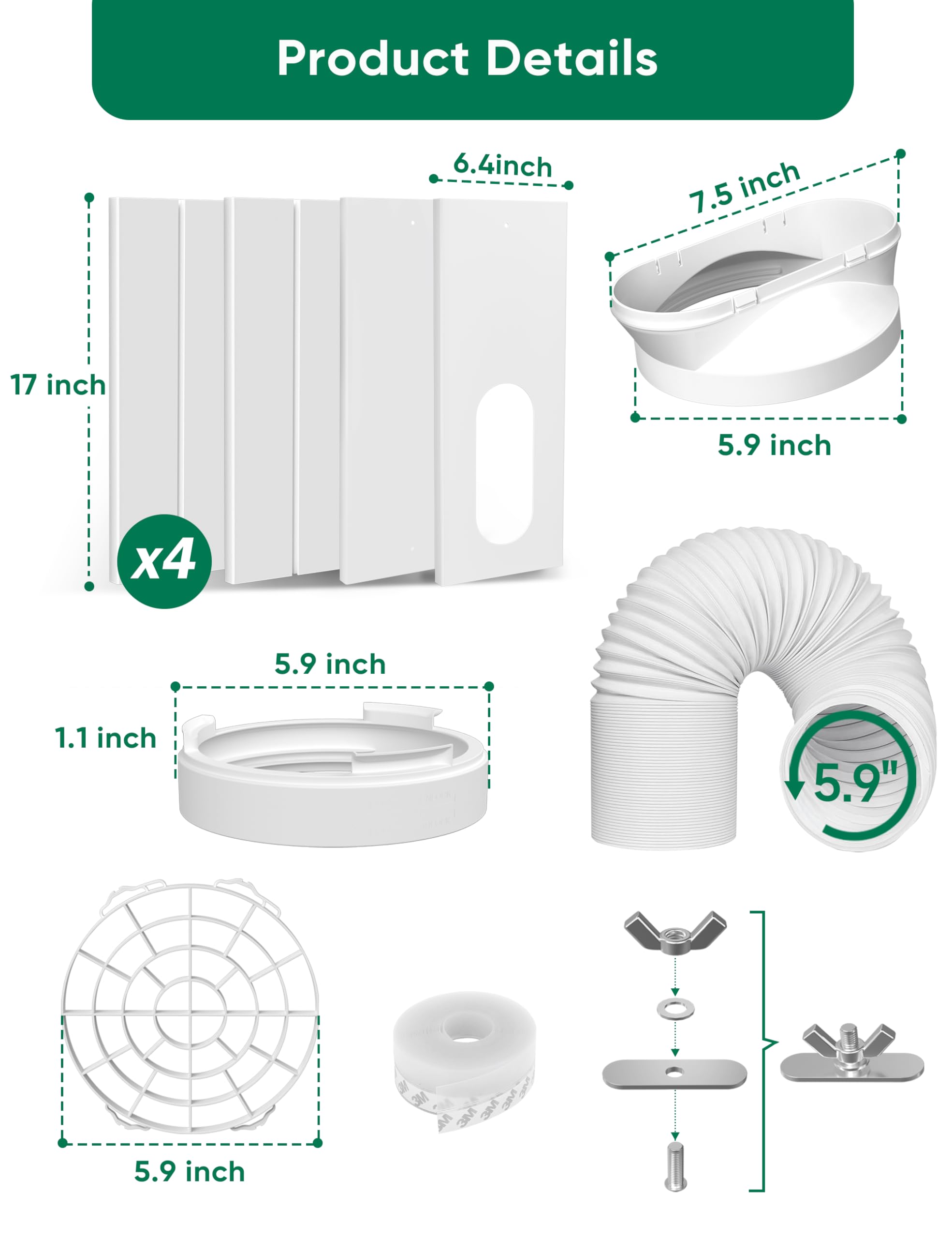 Plusluck Portable Air Conditioner Window Vent Kit, 10Pcs with 4 Slide Seal Plates & 5.9 Exhaust Hose, Adjustable Portable AC Window Kit for Ducting Universal for Sliding Horizontal & Vertical Windows