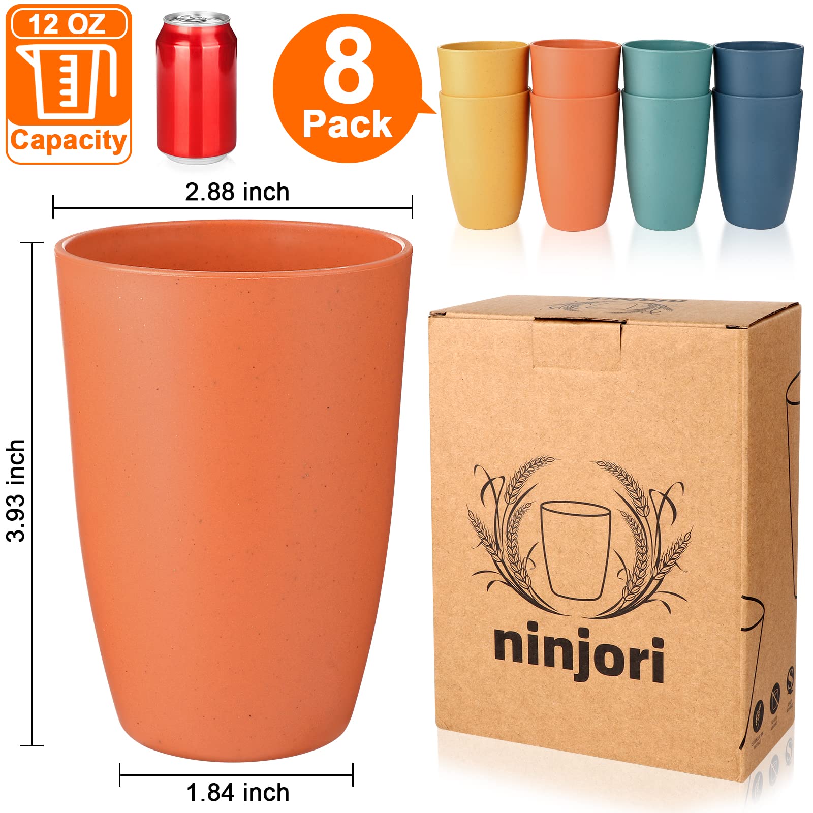 ninjori Wheat Straw Cups,8 PCS Plastic Cups 12 oz Unbreakable Drinking Cup, Reusable Dishwasher Safe Water Glasses with 4 Colors for Drinking Water Juice Milk Soda Coffee