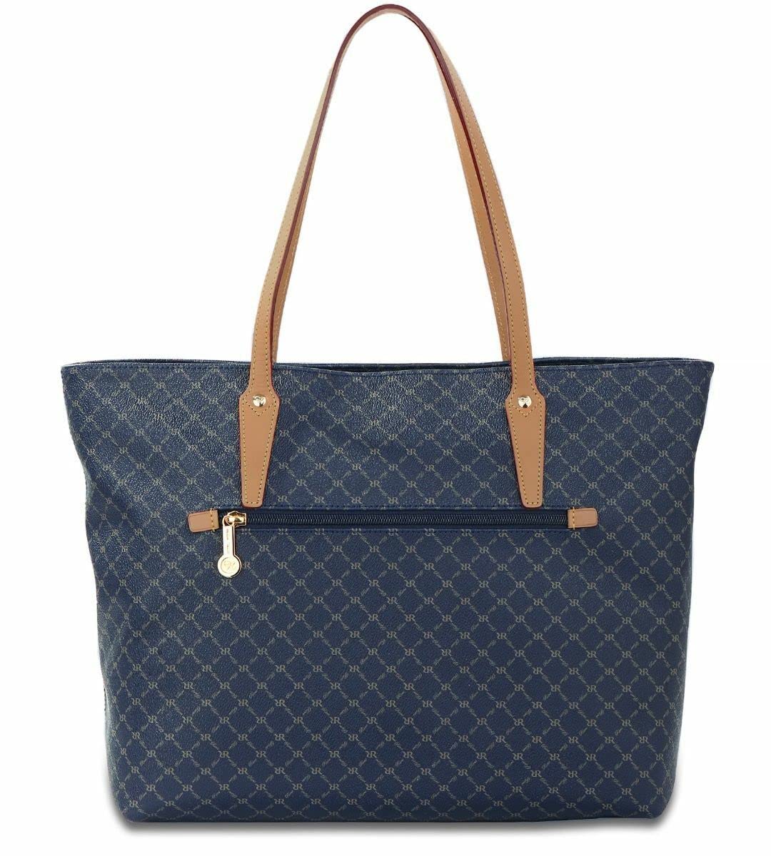 Rioni STA-20280 Designer Signature Large Dona Tote Navy Blue Canvas Leather Handbag Shoulder Bag