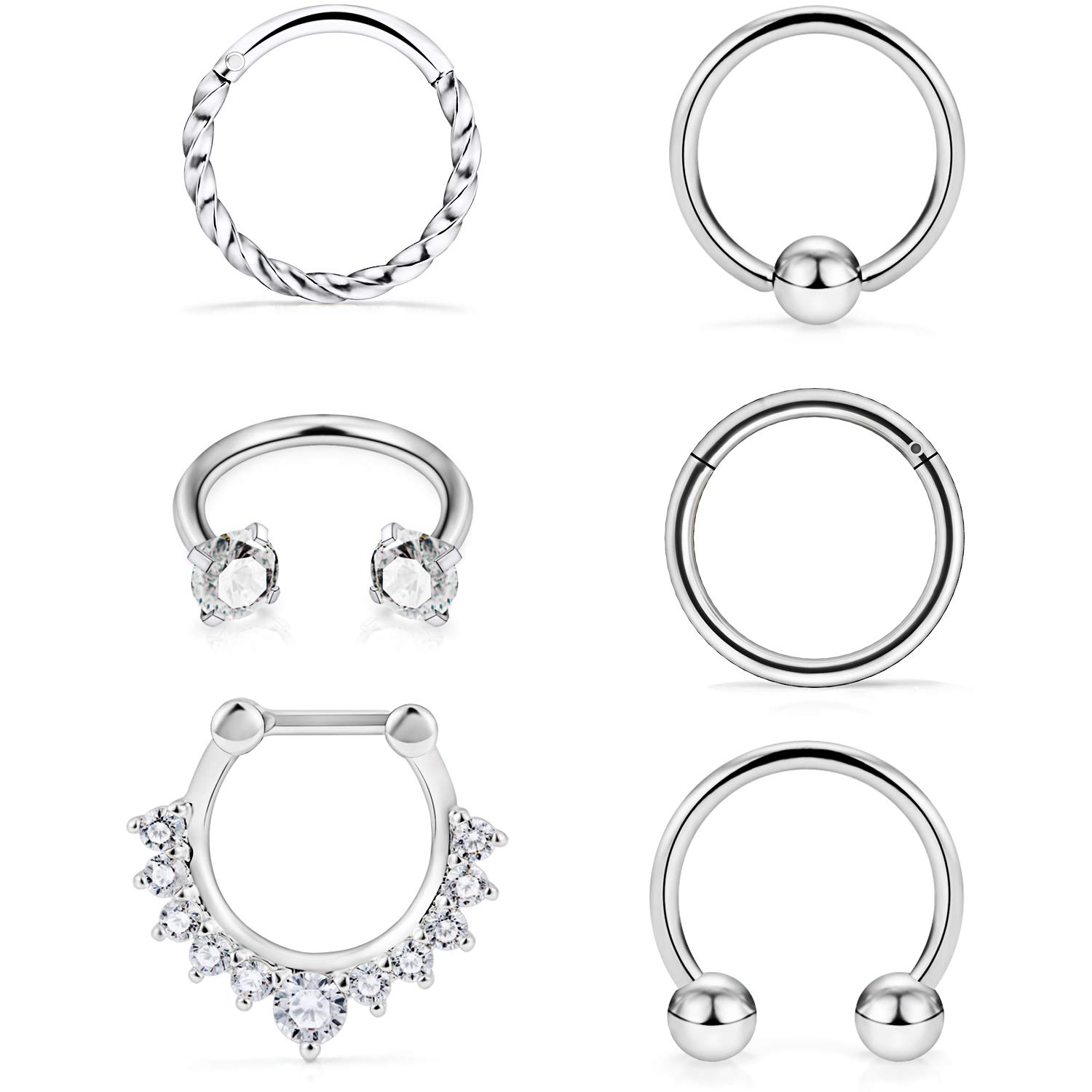 Lcolyoli 6PCS 16G Surgical Steel Hinged Seamless Septum Hoop Nose Ring with Clear Diamond CZ Horseshoe Barbell Cartilage Daith Conch Tragus Clicker Piercing Jewelry for Women Men Silver-tone