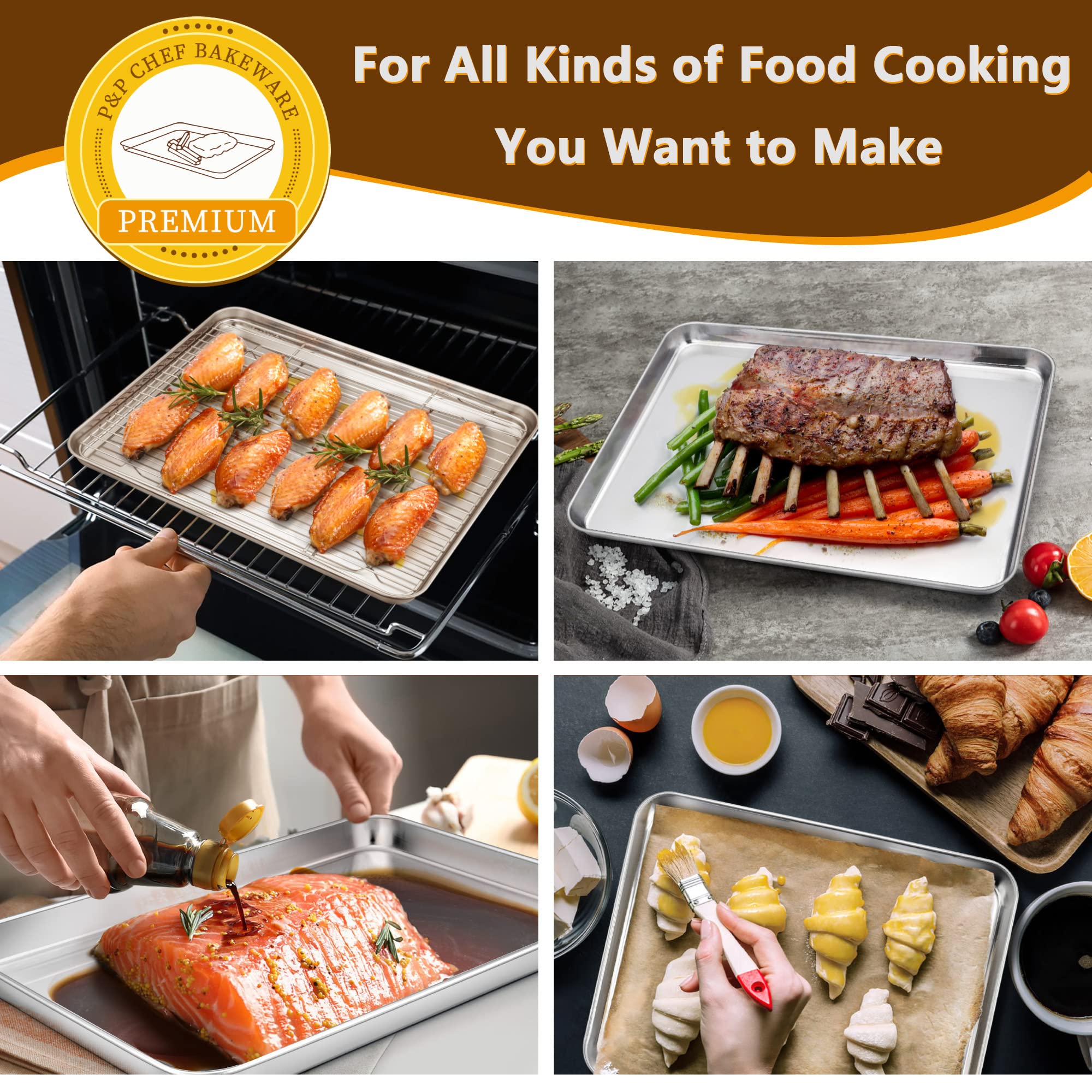 P&P CHEF 12.5 Inch Toaster Oven Pan and Rack Set,4 Pieces Stainless Steel Baking Pan Oven Trays with Cooling Rack, Non Toxic & Dishwasher Safe,2 Pans + 2 Racks