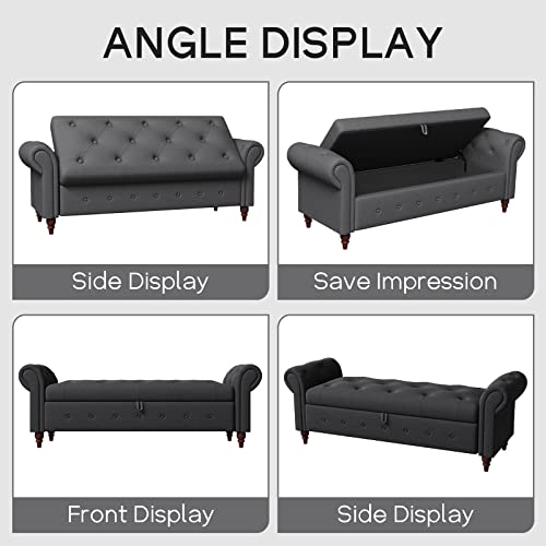 NIOIIKIT 63'' Storage Ottoman Bench, End of Bed Button Tufted Ottoman Bench, Rolled Armed Ottoman Couch Long Bench for Bedroom, Living Room, End of Bed, Hallway(Grey, Polyster)
