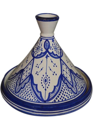 Moroccan Handmade Serving Tagine Exquisite Ceramic With Vivid colors Original 8 inches in Diameter Fes White & Blue
