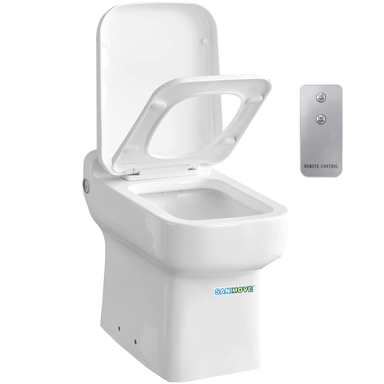 Sanimove 600W Macerating One Piece Toilet,4/5HP Remote Control Macerator Toilet with Pump Built Into the Base,Connect the sink AC110V 0.75/1 GPF with High Efficiency Flush for Small Space,Glossy White
