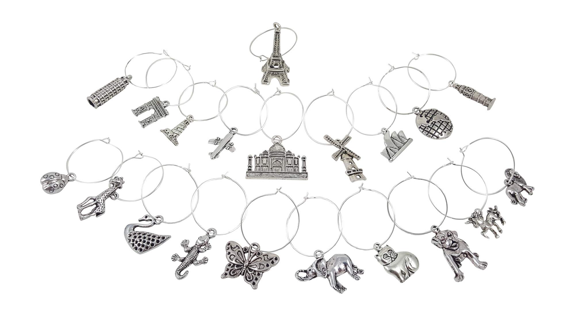 Palm City Products Travel & Animal Themed Wine Charm Gift Set with 20 Beautiful Wine Charms