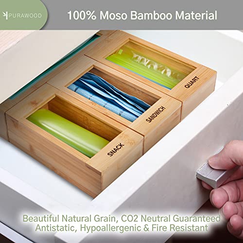 Purawood Ziplock Bag Storage Organizer - Natural Bamboo Organizer to Declutter Your Kitchen β Easy & Efficient Ziplock Bag Organizer - Baggie Holder Compatible with all Brands (4-Pack)