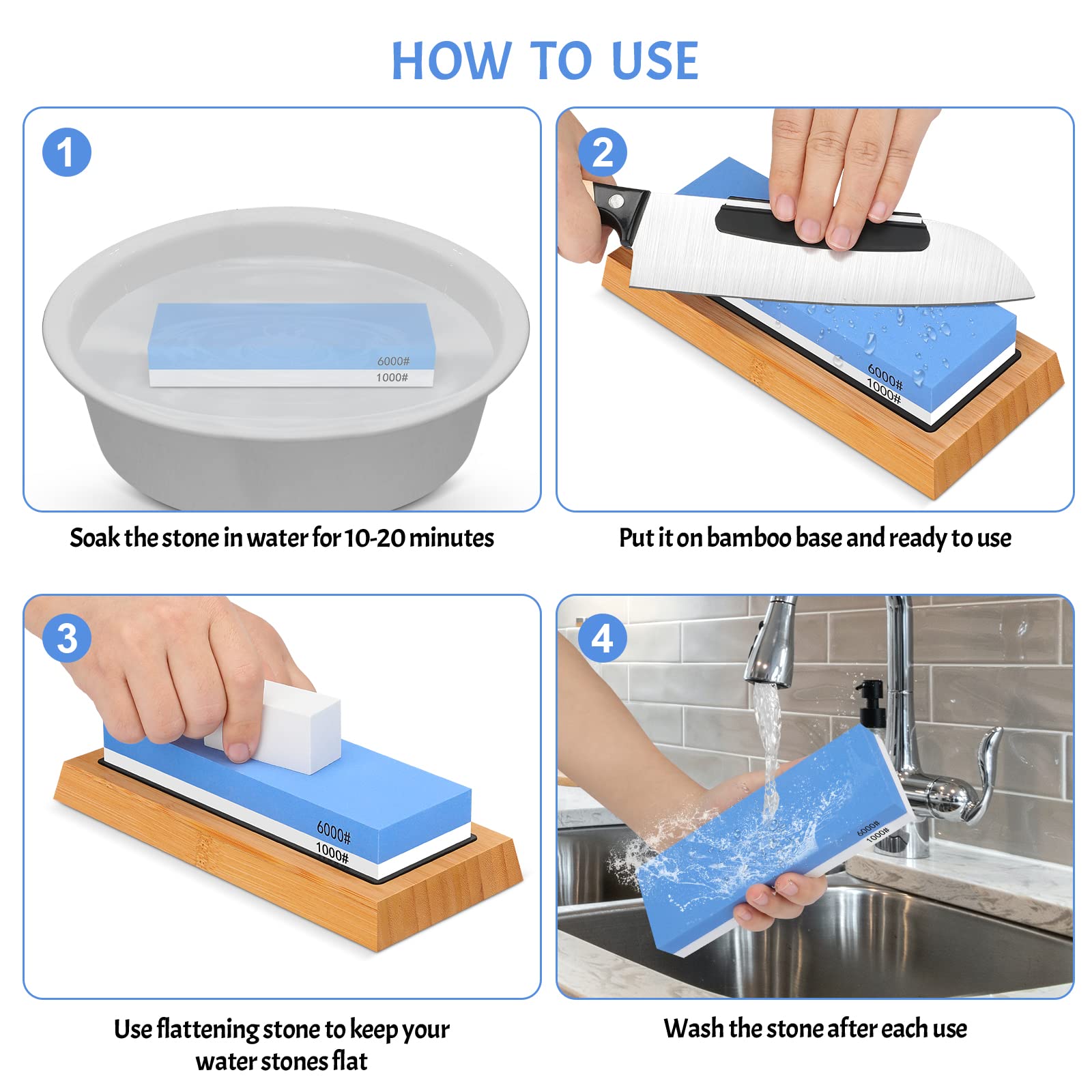 Sharpening Stone Whetstone Set 2 Side Grit 1000/6000, Professional Whetstone Knife Sharpener, Knife Sharpening Stone Kit with Bamboo Base, Flatting Stone, Angle Guide