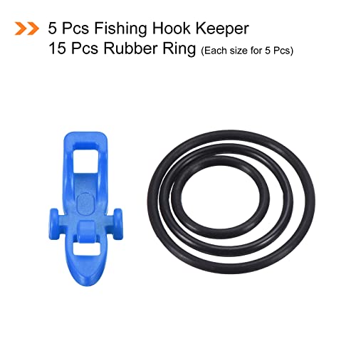 PATIKIL Fishing Hook Keeper, 5 Pack Plastic Fish Lure Bait Holder Accessories with 3 Size Rubber Rings for Fishing Rod Pole, Blue