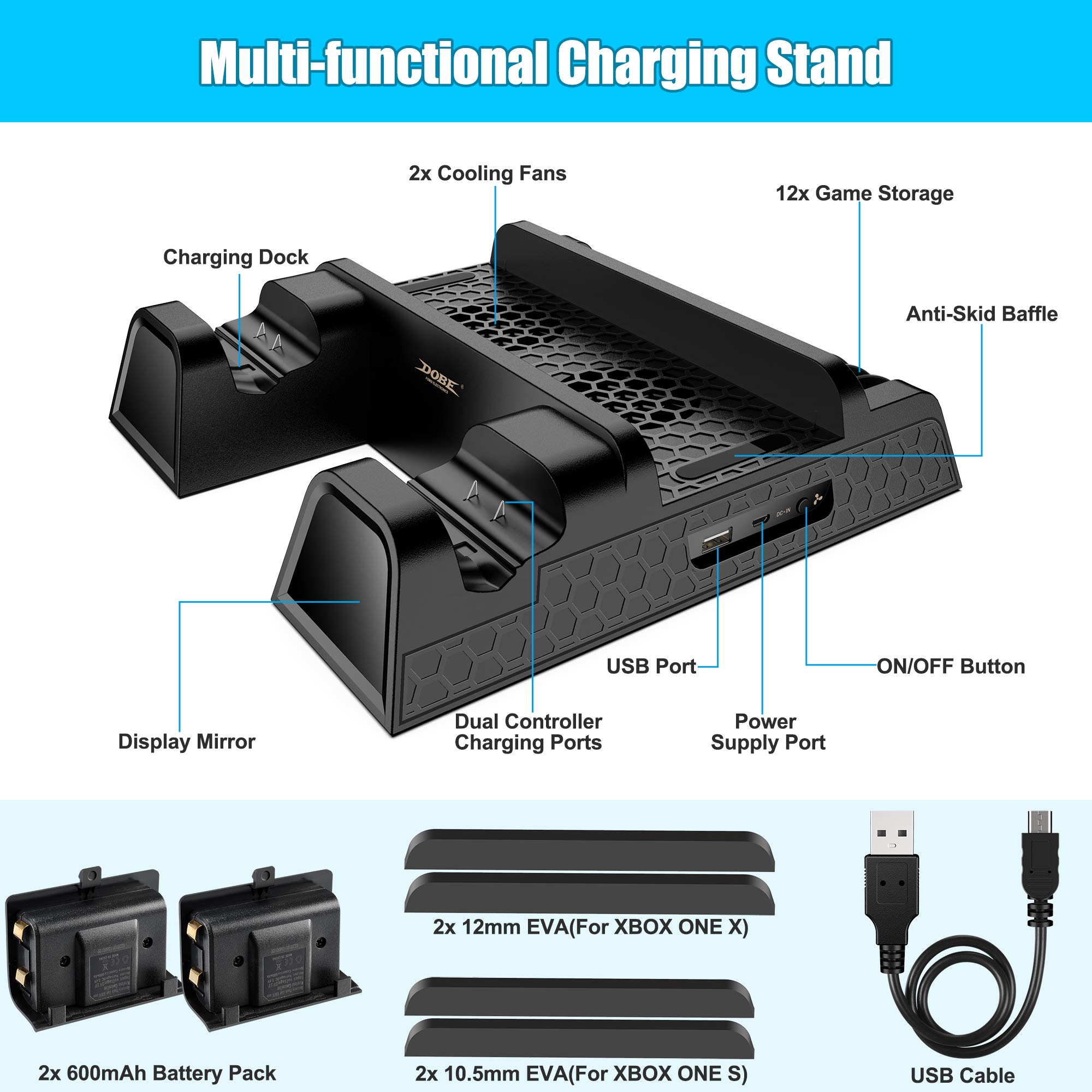 KINGTOP Cooling Stand Compatible with Xbox One/One S/One X, Vertical Cooling Fan with 2 Pack 600mAh Batteries, Games Storage, Dual Controller Charging Station for Xbox One/One S/One X (Black)