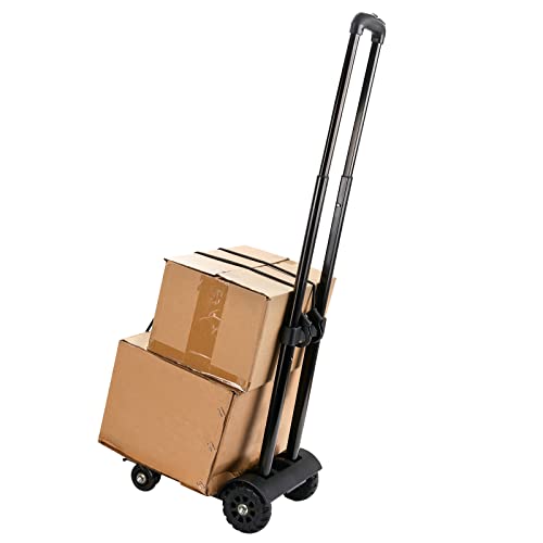 SINJEUN Black Folding Luggage Cart, 88 Lbs 40 KG Heavy Duty Folding 4 Wheels Hand Truck, Portable Fold Up Dolly with Bungee Cord and Backpack, Solid Construction Utility Cart