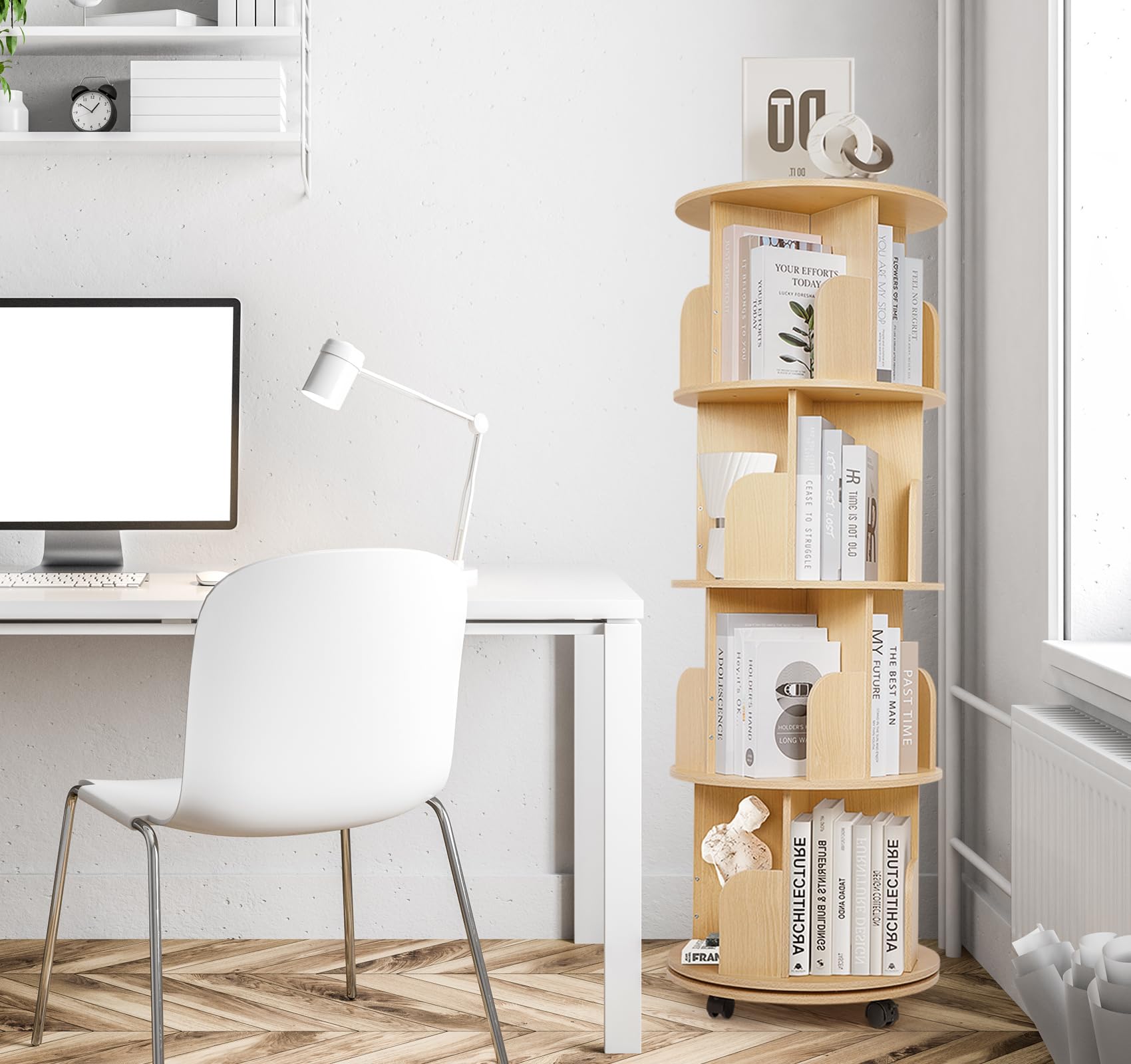 tonchean 4 Tier Rotating Bookshelf Tower,Wood Revolving Bookcase with Wheels Vertical Kids Toddler Bookshelf with Storage,Corner Display Bookshelf Rack for Library Study Office Living Room