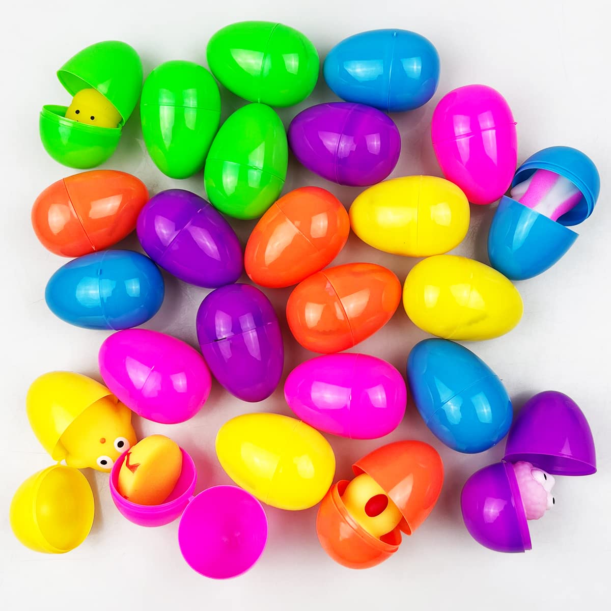 Pinkiwine 24 Pack Plastic Prefilled Easter Eggs with Easter Mochi Squishy Toys Inside for Kids Boys Girls Toddlers Easter Basket Stuffers Gifts Egg Fillers