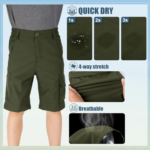 linlon Kids' Cargo Pants, Boy's Casual Outdoor Quick Dry Waterproof Hiking Climbing Convertible Trousers #9016-Army Green-L