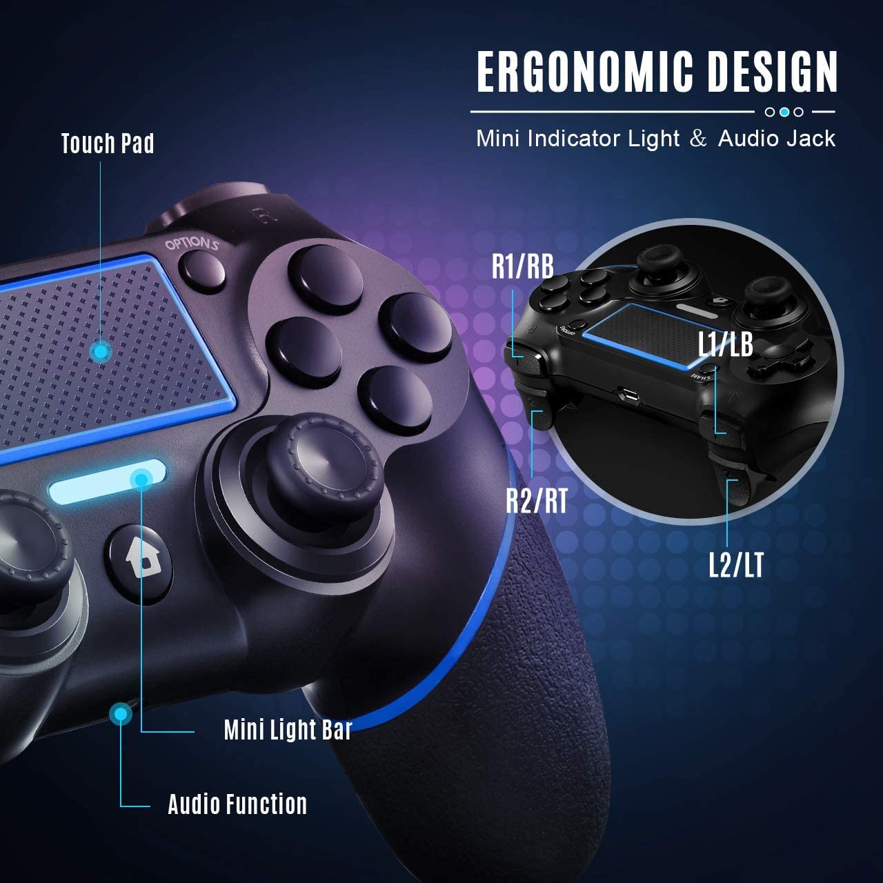 predark P S-4 Controller Wireless Game Compatible with PC with Motion Motors and Audio Function, Mini LED Indicator, USB Cable and Anti-Slip 【Upgraded Version】- Blue