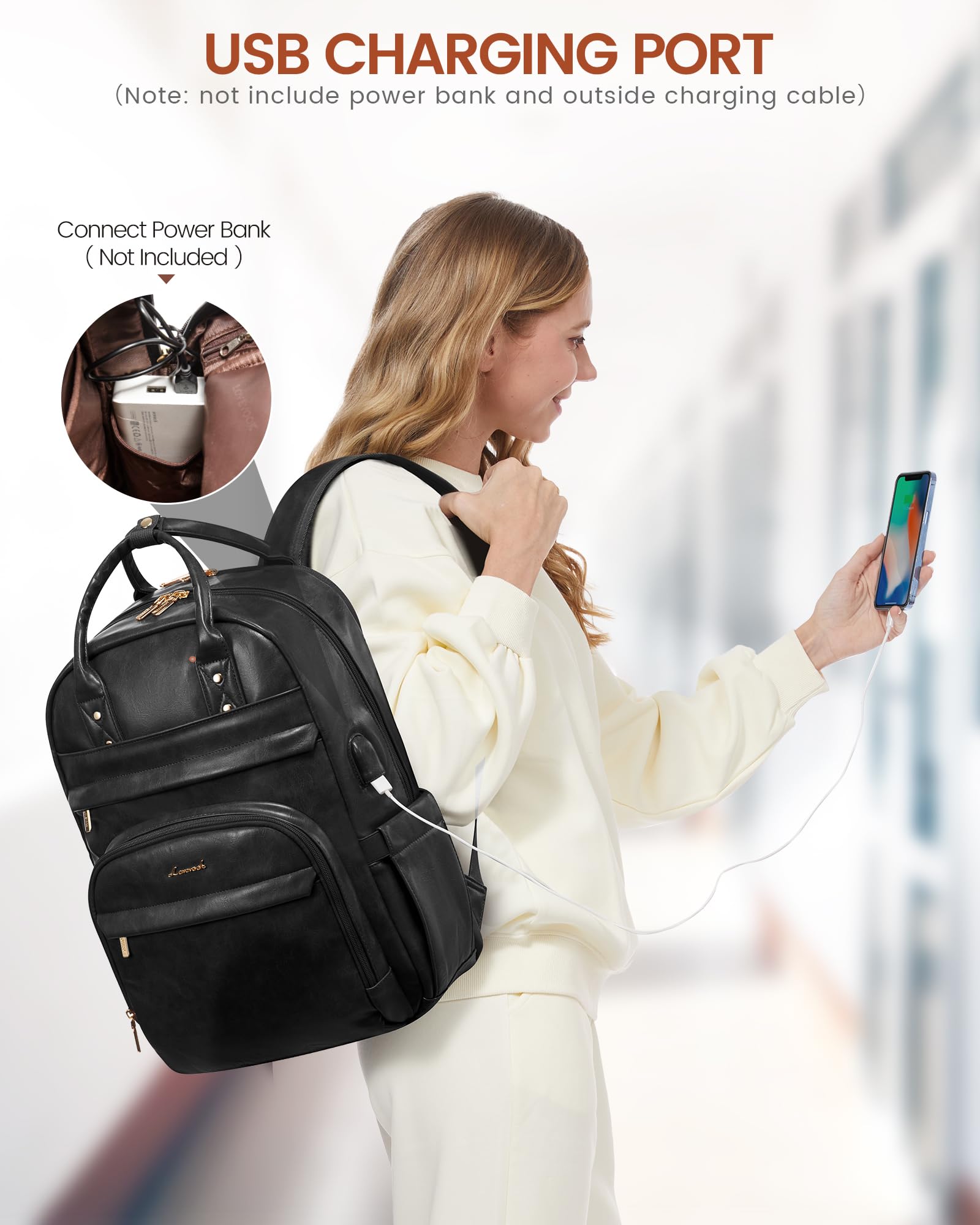 LOVEVOOK Leather Backpack for Women 15.6 Inch, Vintage Laptop Backpack with USB, Spacious Work Backpack Fits Business Office Travel College Black