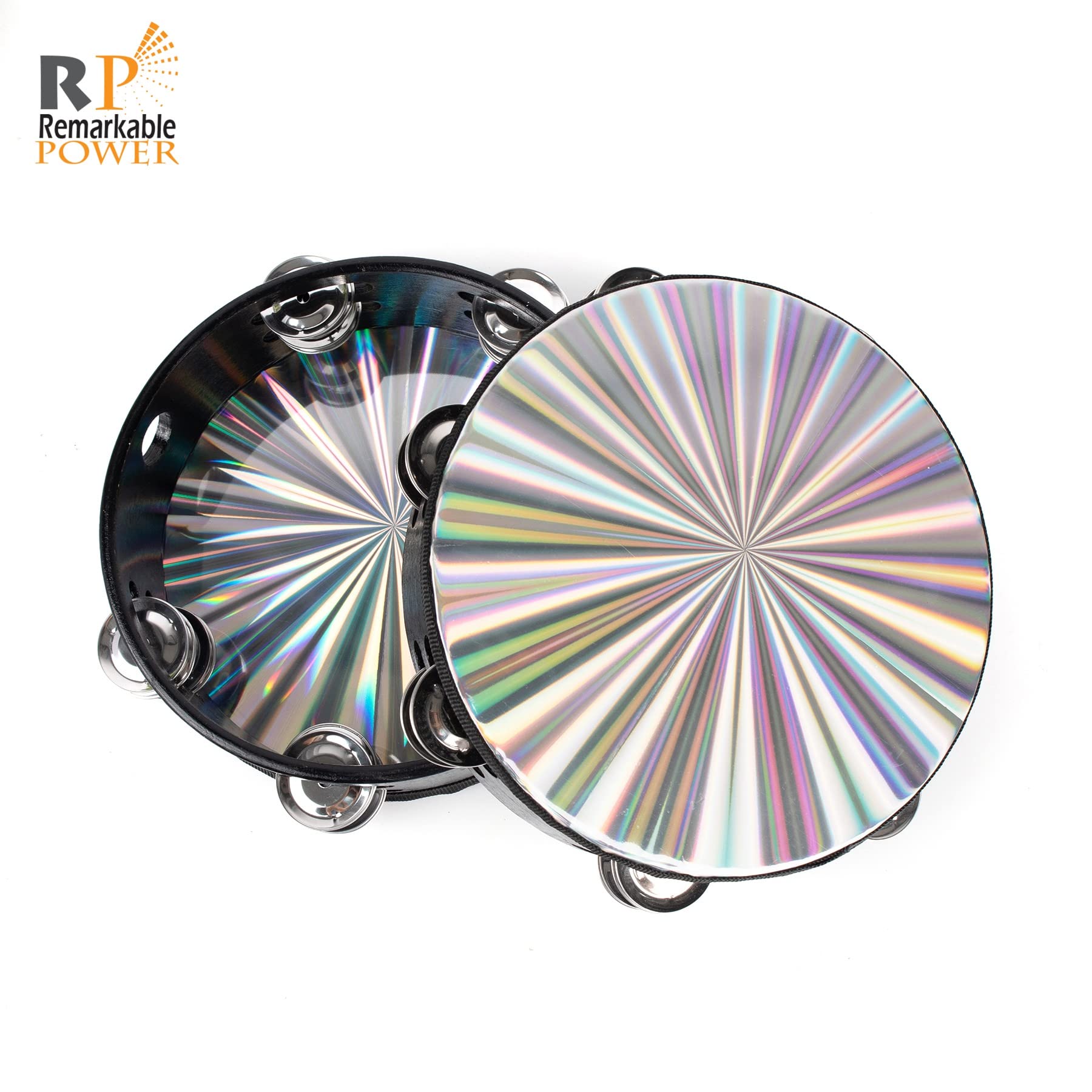 RP Remarkable Power, 2 Pack 8 Inch Radiant Tambourine Wooden Hand Held Drum Double Row Jingles Reflective for Church KYV Party