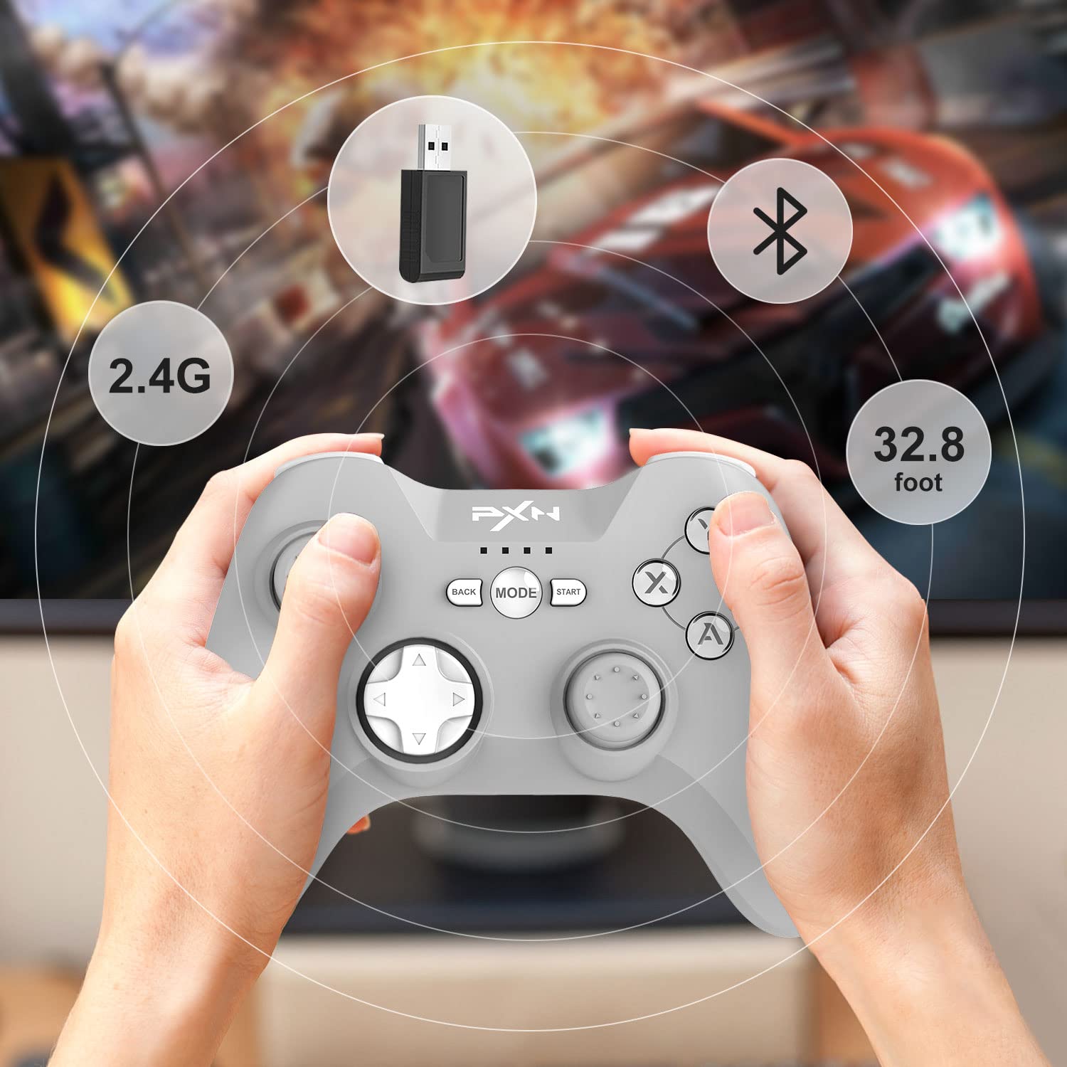 PXN 2.4G Wireless Game Controller, P3 PC Wireless Controller, Plug and Play Game Controller Dual Vibrators for PC(Windows 7/8/ 10/11), PS3, iOS 14.2+, Android 4.0+ (Gray)