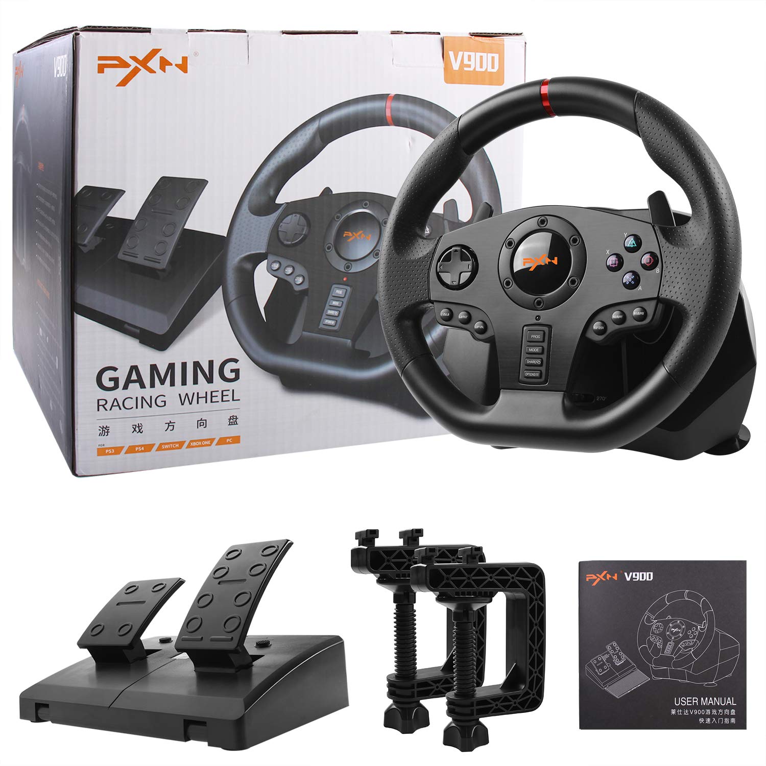PXN Gaming Racing Wheel, V900 270/900 Degree Competition Racing Steering Wheel with Audio Function & with Pedal, Suitable for PC, PS3, PS4, Nintendo Switch.