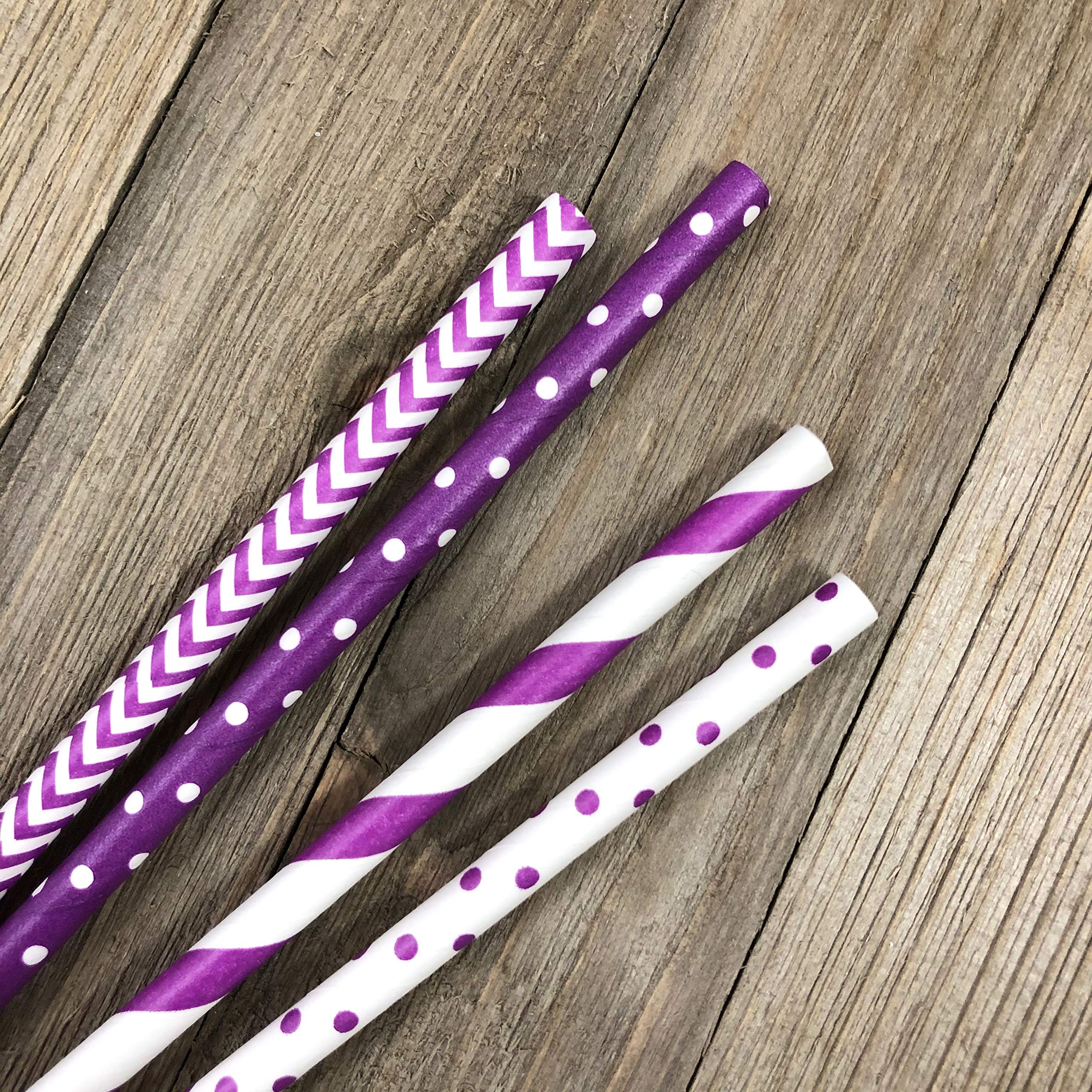 Purple Paper Straws - Stripe Chevron Polka Dot - 7.75 Inches - 100 Pack - Outside the Box Papers Brand