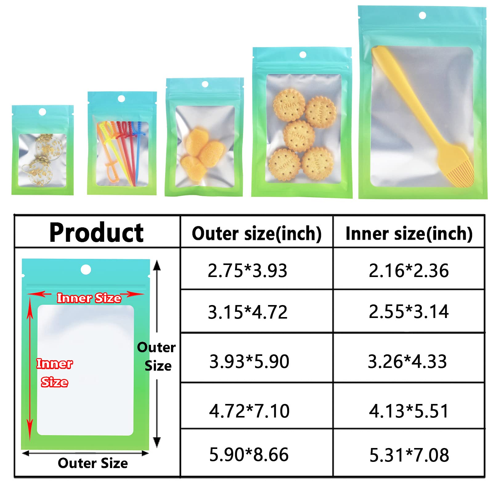 ODDIER 100pcs Foil Mylar Resealable Zipper Bag,5 Size Holographic Bags Slider Seal Technology Freezer Grip Food Containers Organization,Reusable Bags for Packaging Products