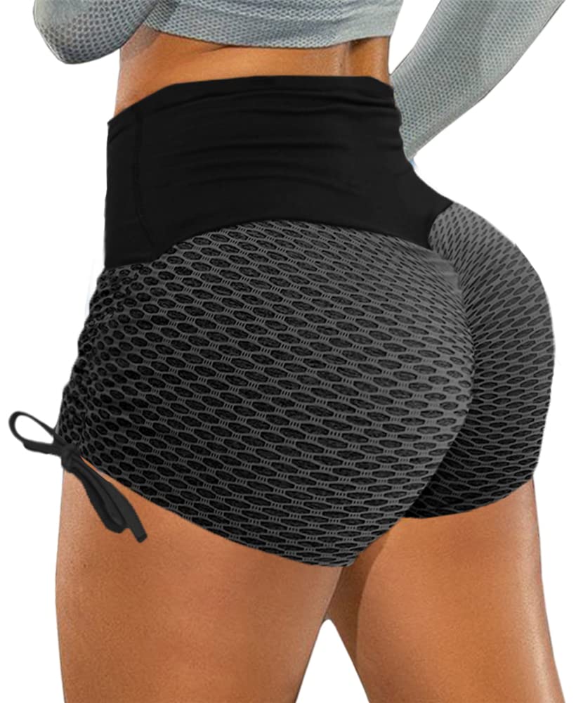 MaQiYa Womens Scrunch Butt Lift Shorts Side Drawstring High Waisted Peach Lift Anti Cellulite Leggings (Large,Black)