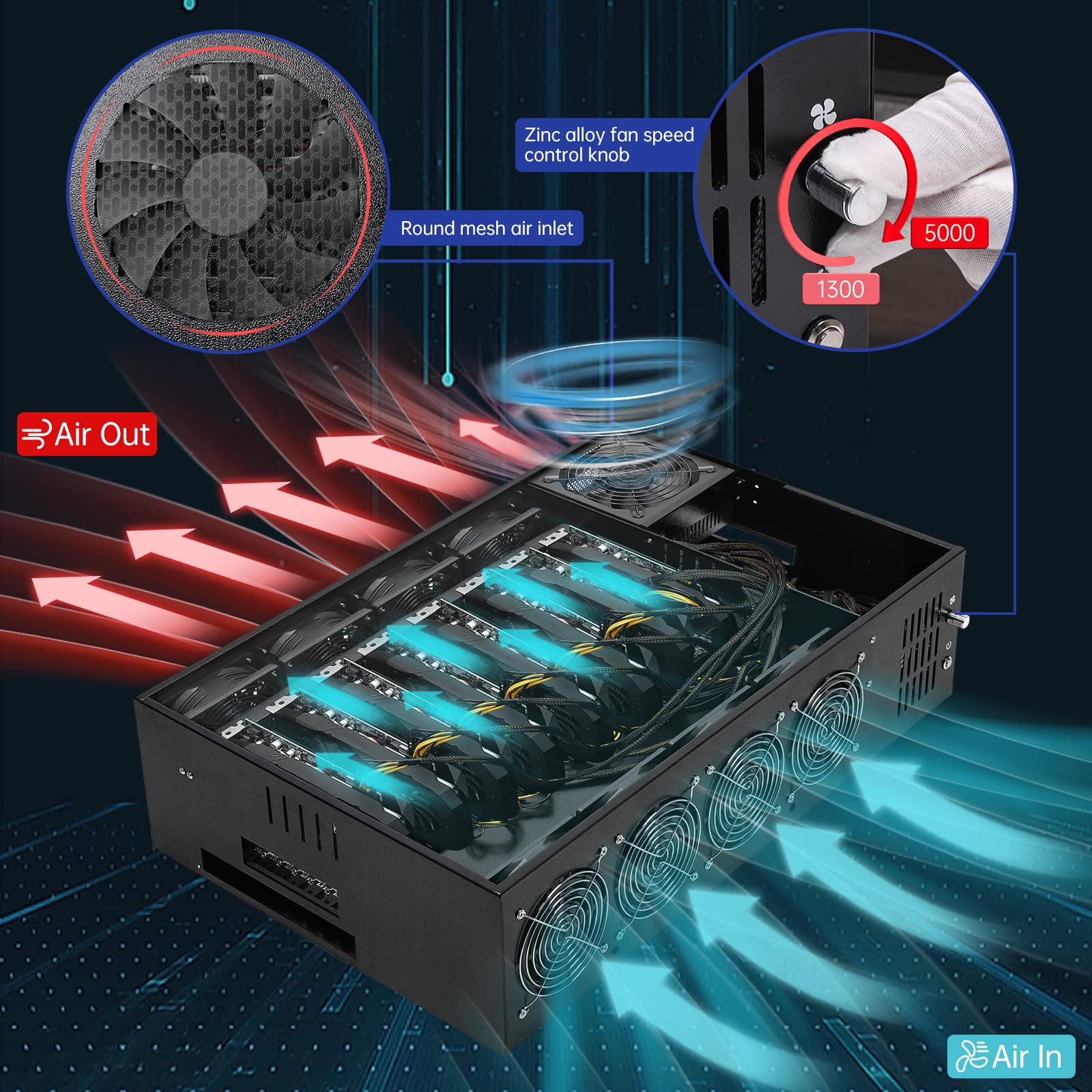 SUOHUI GPU Mining Rig Case for ETC AE BEAM CFX ERG RVN SERO GRIN Crypto Miner Complete Mining System with 8 GPU Mining Motherboard, PSU, Cooling Fans, RAM, SSD, CPU(Excluding GPUs) -Black