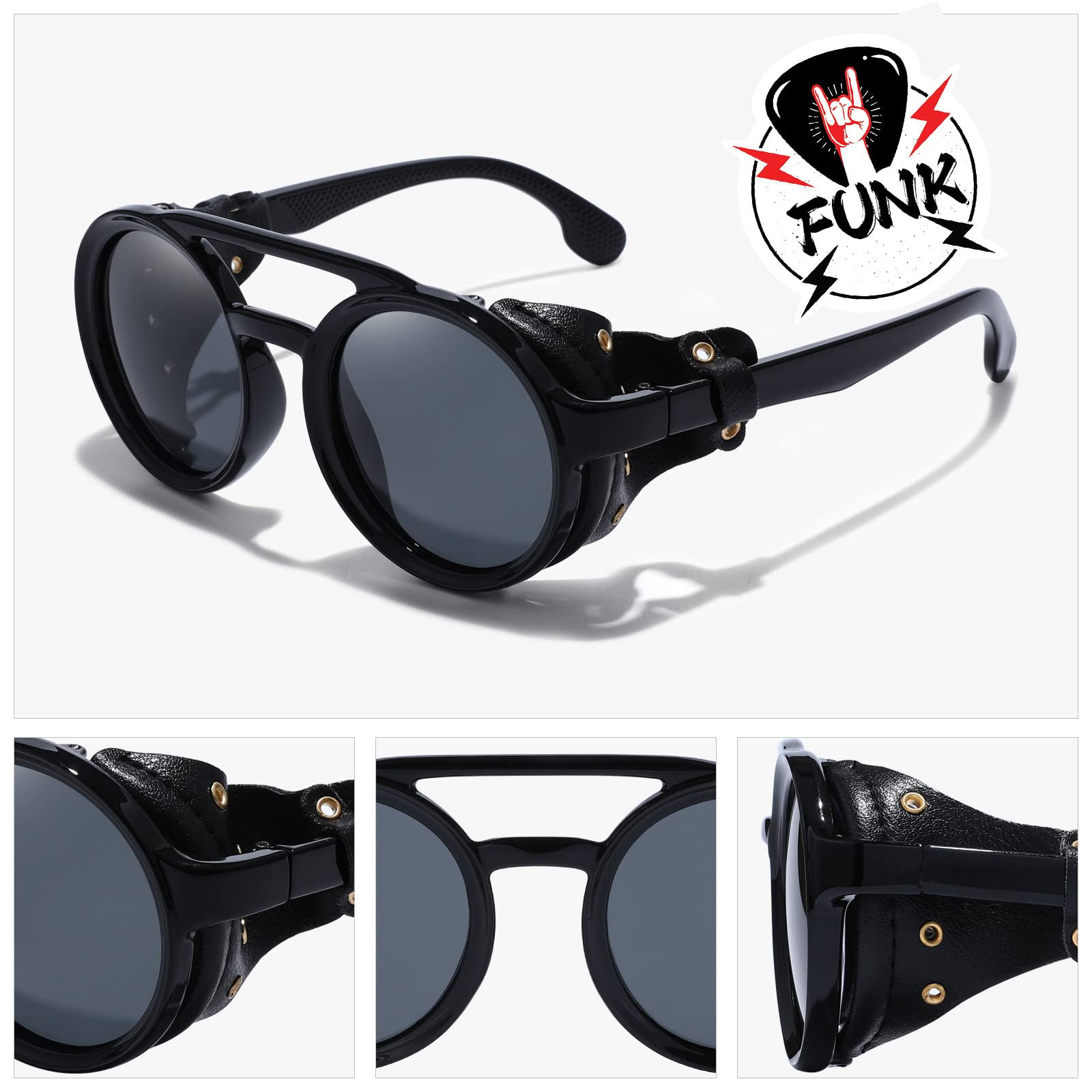 PANNER Retro Round Steampunk Polarized Sunglasses with Leather Side Shield Double Bridge Vintage Eyewear for Men Women(Black)