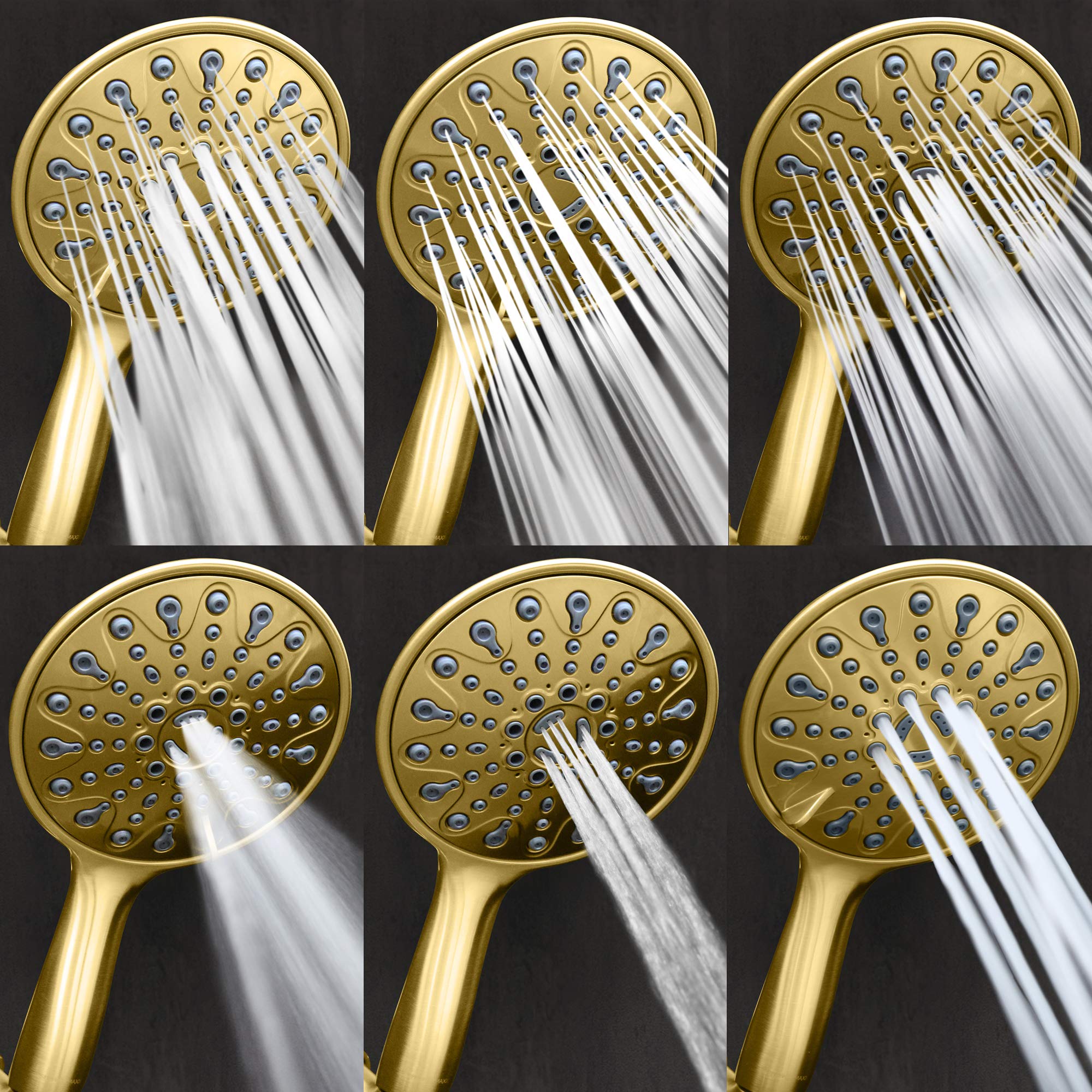 ShowerMaxx, Elite: ImperialShine Gold Finish Hand Held Rain Shower Head, Large 6 inch 6 Spray Settings Handheld Rainfall Showerhead with Long Stainless Steel Hose, (Polished Brass/ImperialShine Gold)