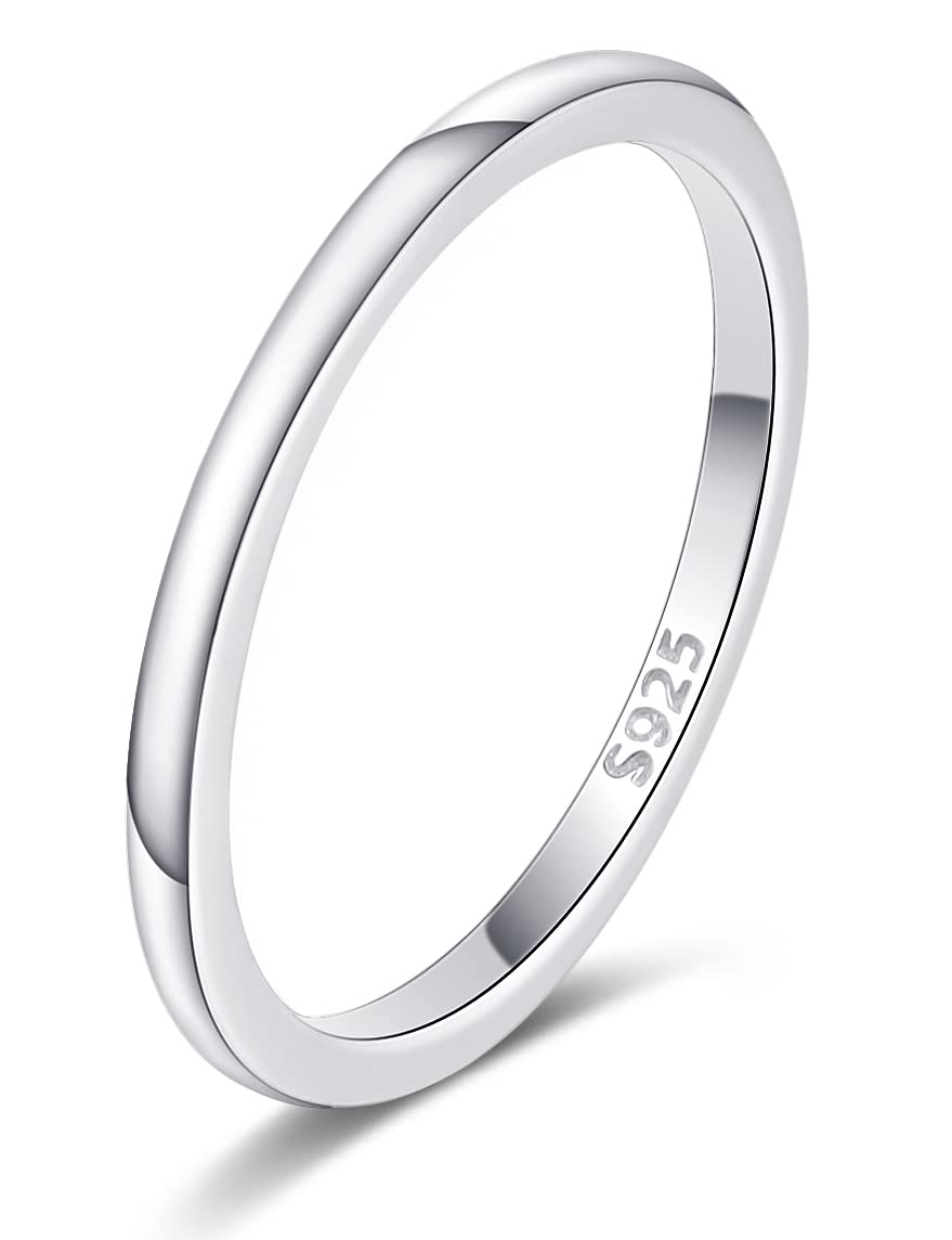 RLMOON 925 Sterling Silver Ring for Women Men Silver Stackable Stacking Thumb Ring White Gold Plated Plain Wedding Band Engagement Ring Comfort Fit 2MM Size 7