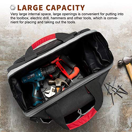 Pnochoo Waterproof Tool Bags for Men or Women, 16-inch Wide Mouth Tool Tote Bag with 25 Pockets for Tool Organizer & Storage, with Adjustable Shoulder Strap (16IN, Black/Red)