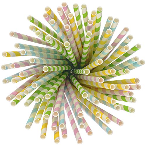 Paper Straws Biodegradable 200 Pack Striped Multi Colored BPA-Free Disposable 8.25" Long Non-Flexible Straw for Everyday/Birthday Party/Easter/Baby Shower/Wedding - By DuraHome